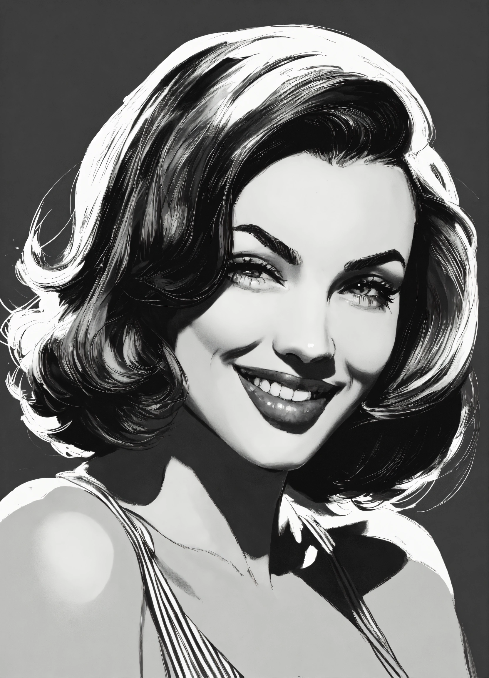 Lexica - Black and white line drawing, woman, with a bob, upper body ...