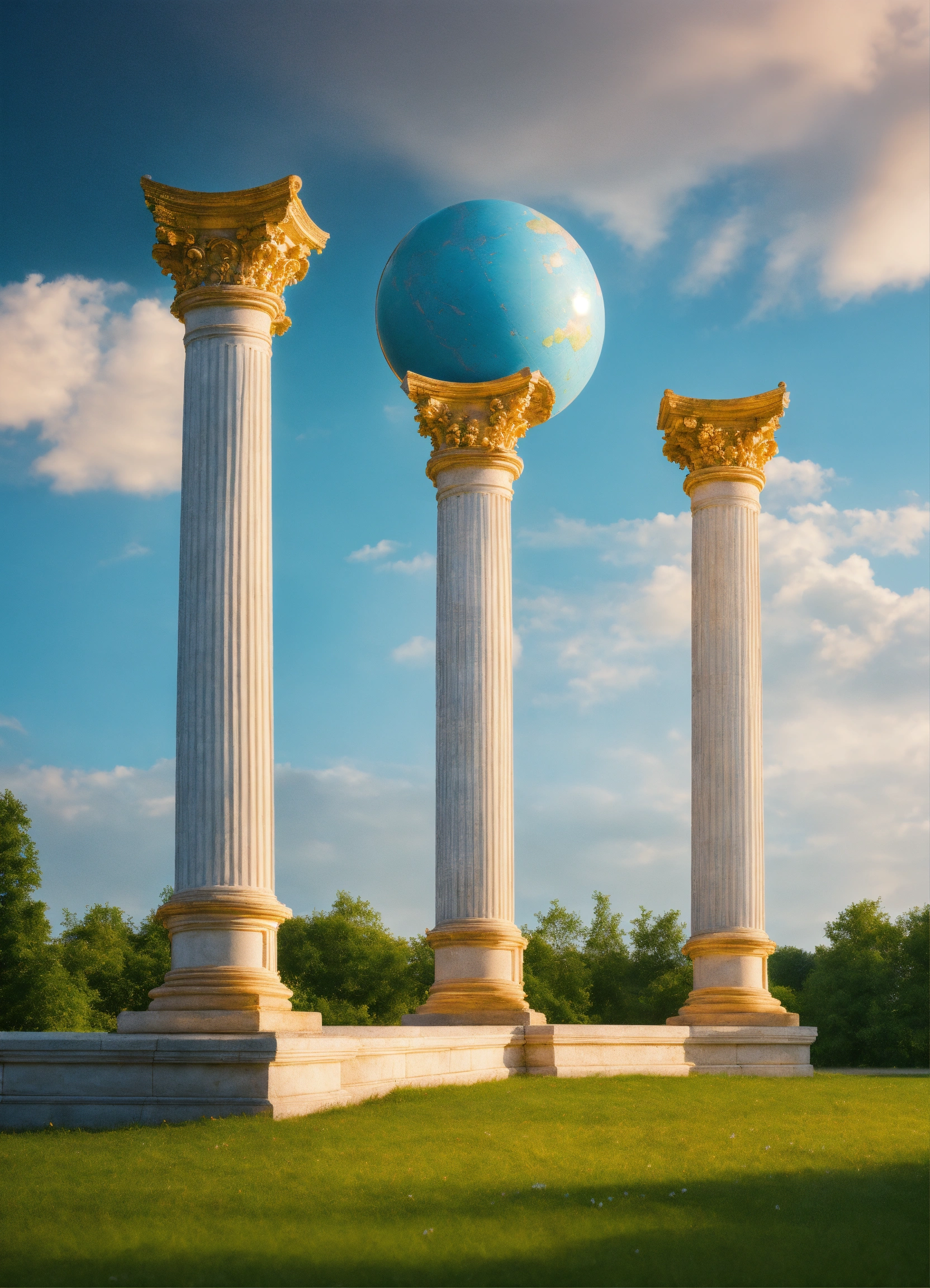 Lexica - Three sculpted columns, on which stands a realistic globe. On ...