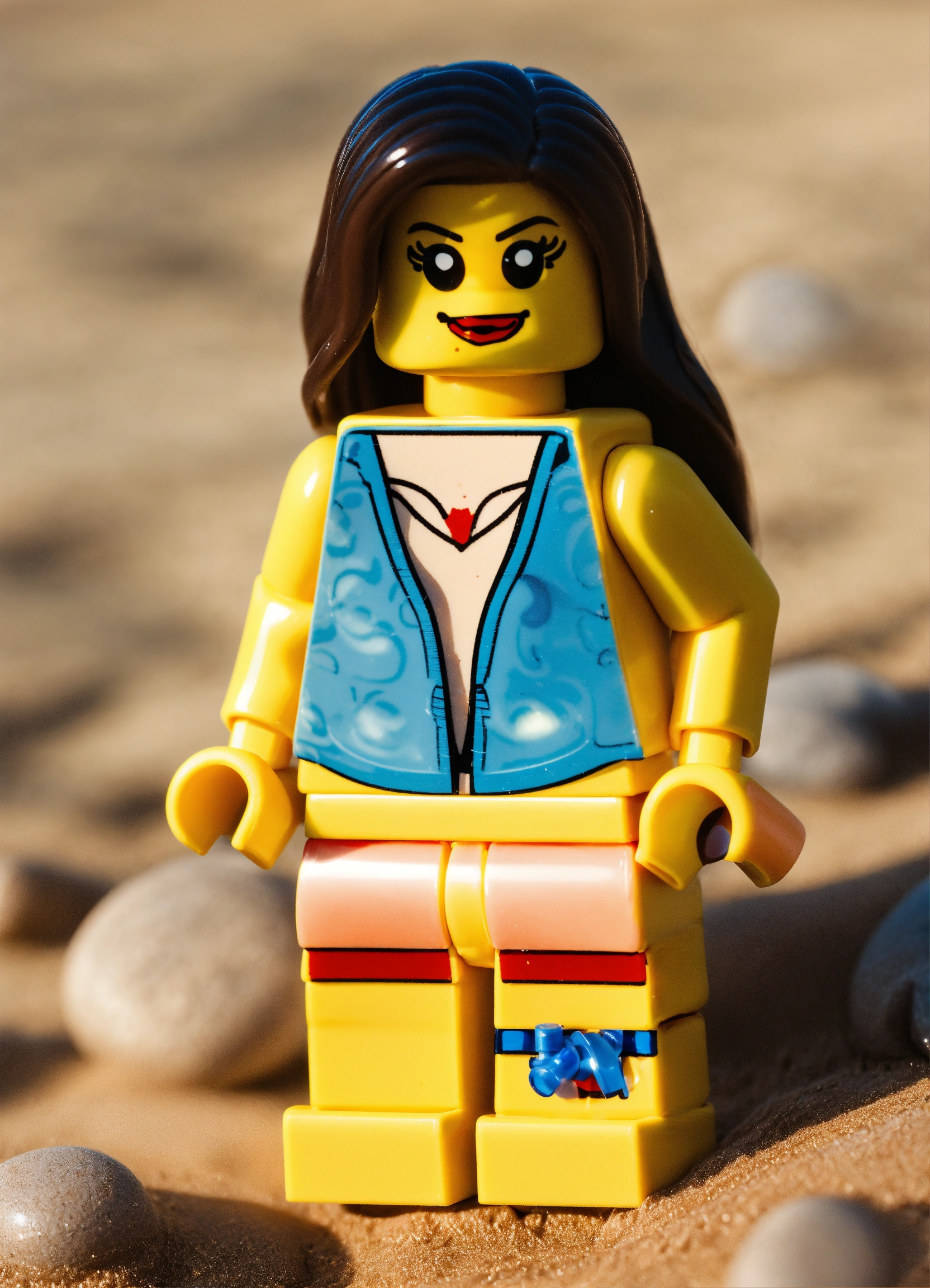 Lexica - Beautiful LEGO minifig girl, flawless skin, sitting on beach ...