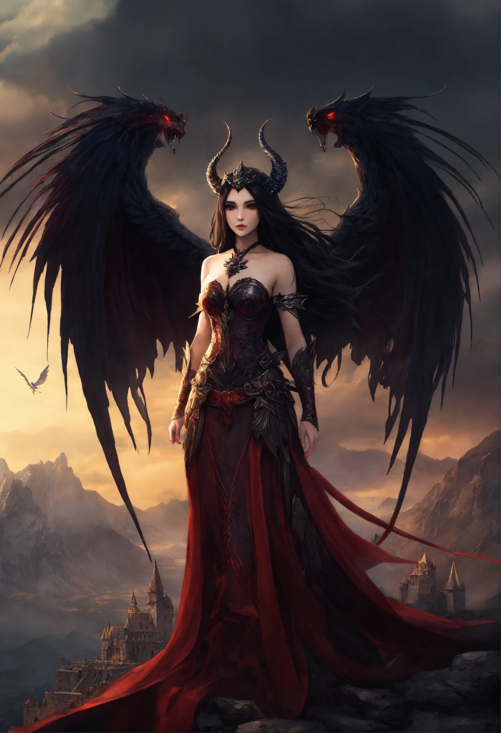 Lexica - Female demon with wings and dark long hair with castle and ...