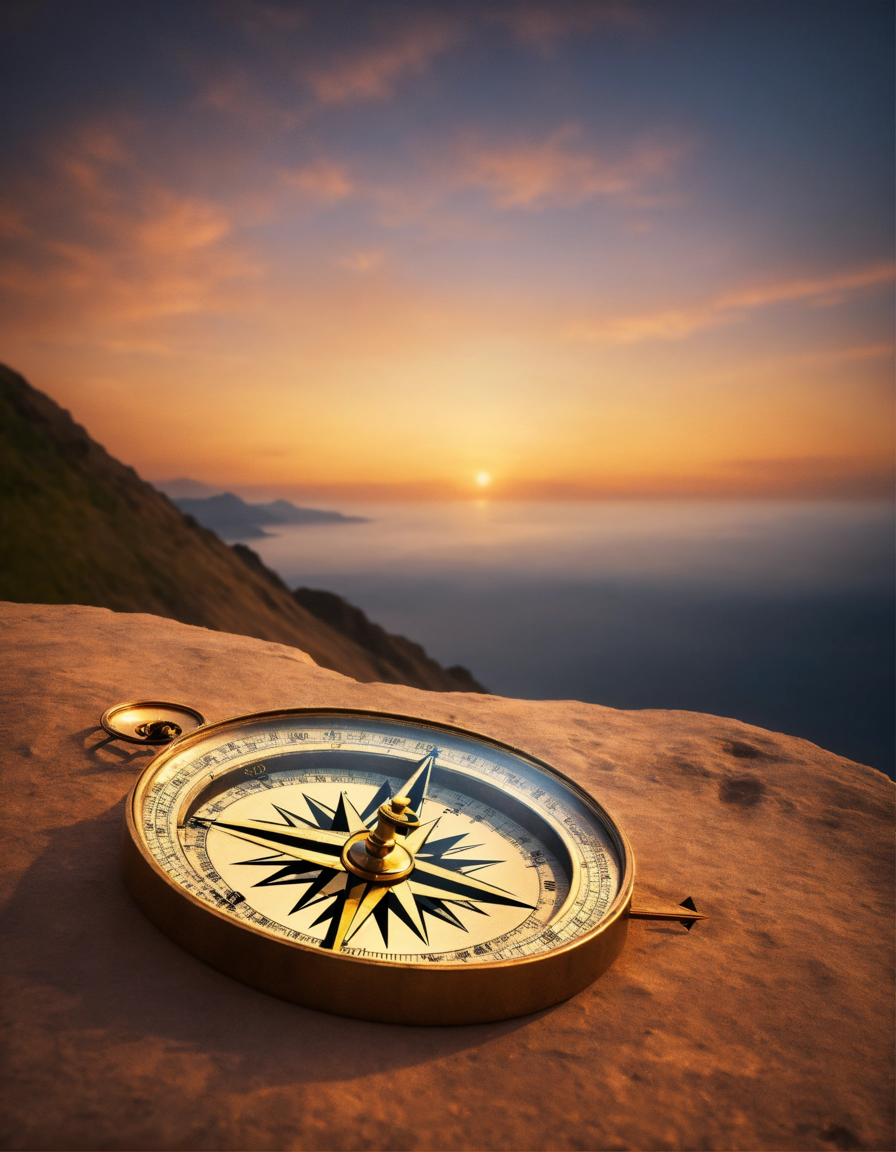 Lexica - A stylized compass pointing towards a distant horizon