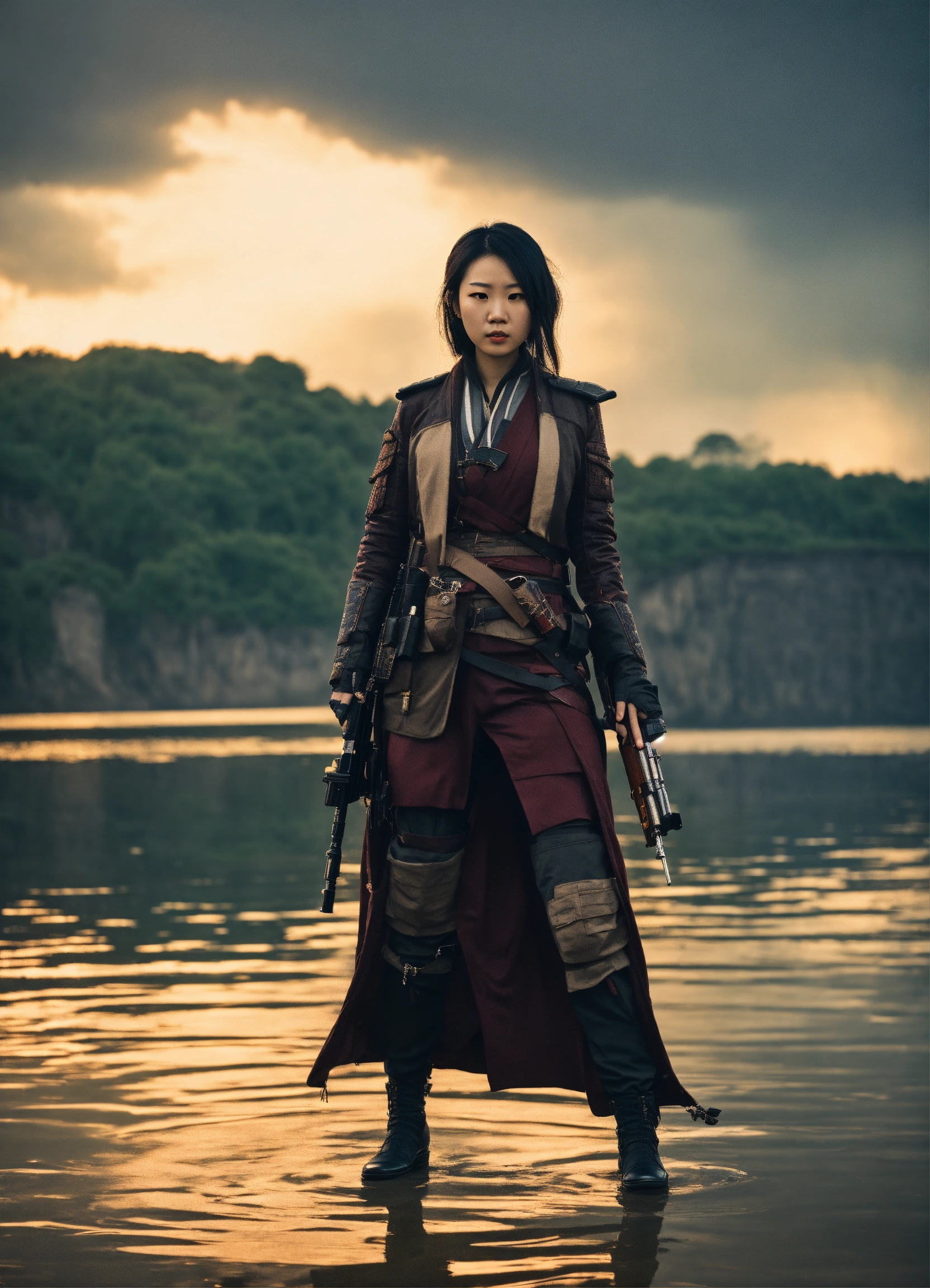 Lexica - Modern chinese female assassin, long-distance mood shot by lake