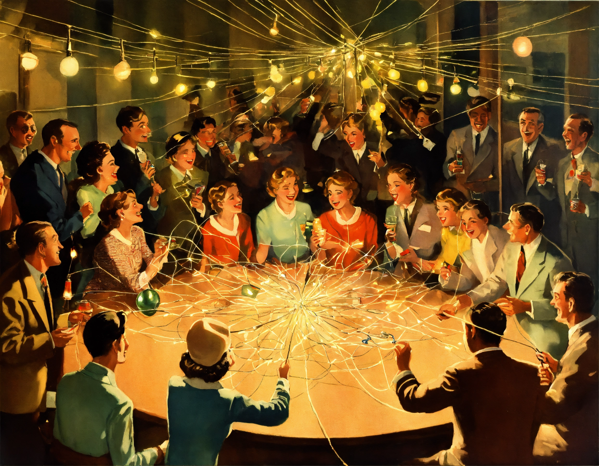 Lexica - Lights in network of string turning on, happy people celebrate ...