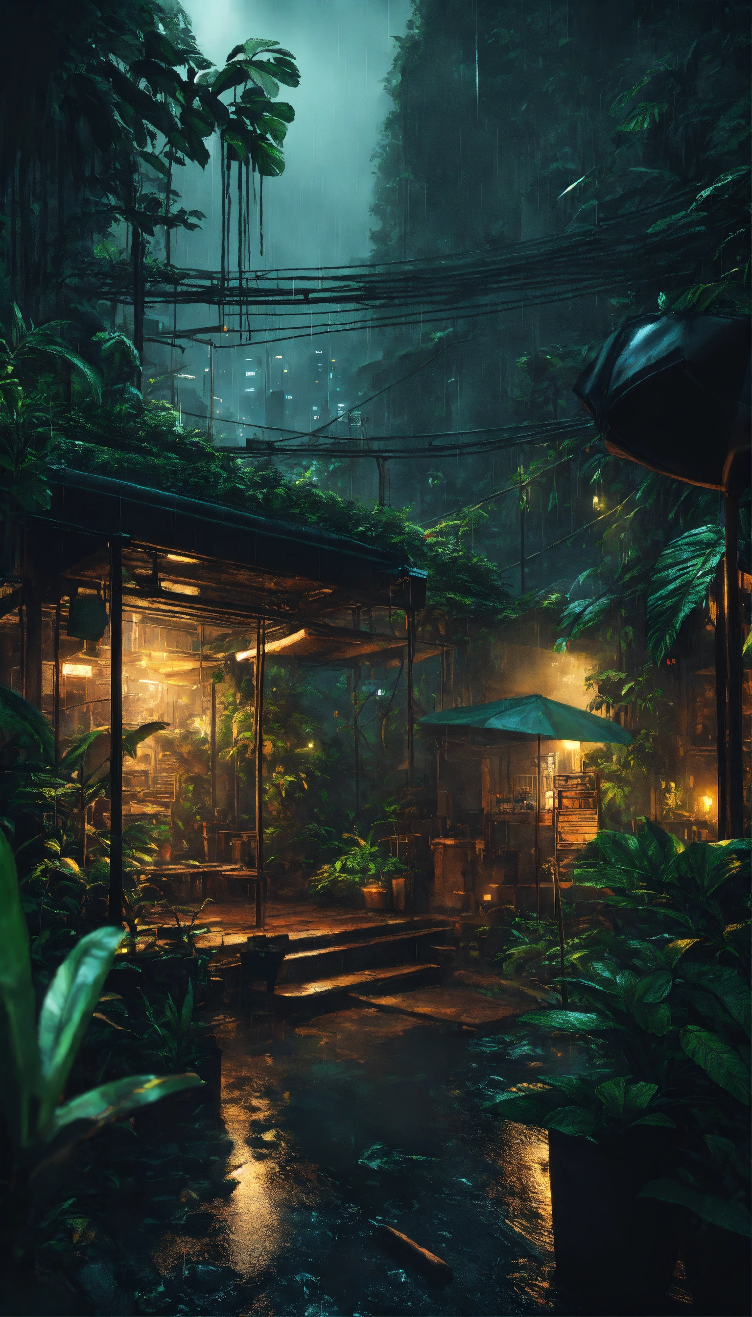 Lexica - Beautiful cozy jungle view of a cyberpunk jungle at night ...