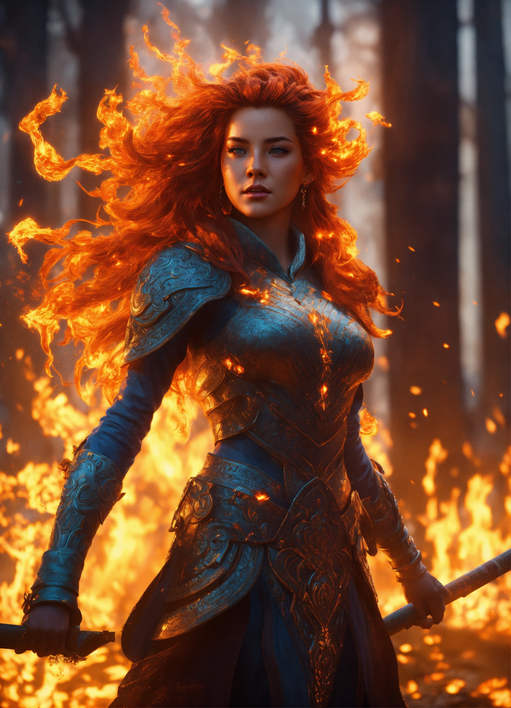 Lexica - "legendary fire goddess", huge fiery hair, smoke, embers ...