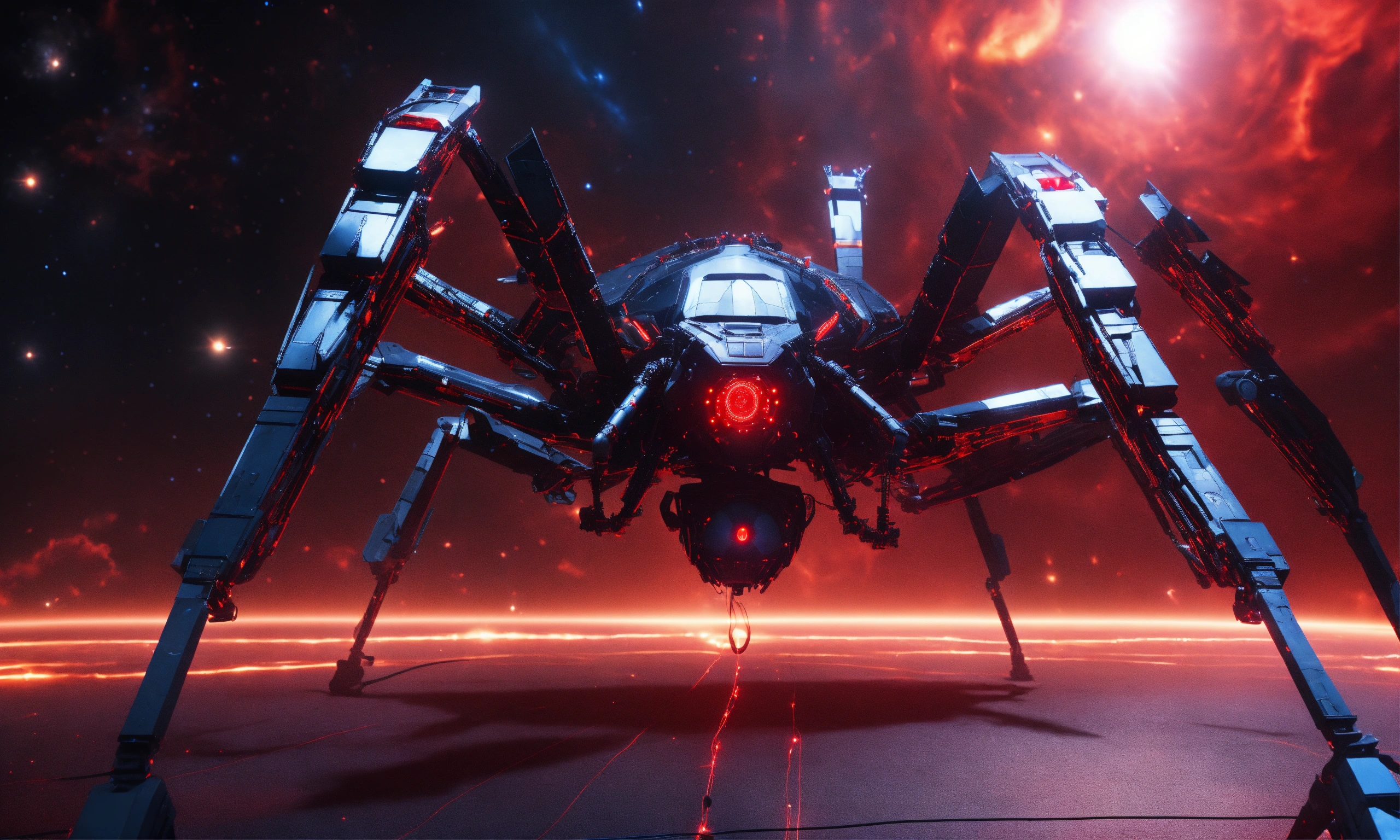 Lexica - Gigantic black armored robotic spider with red glowing eyes ...