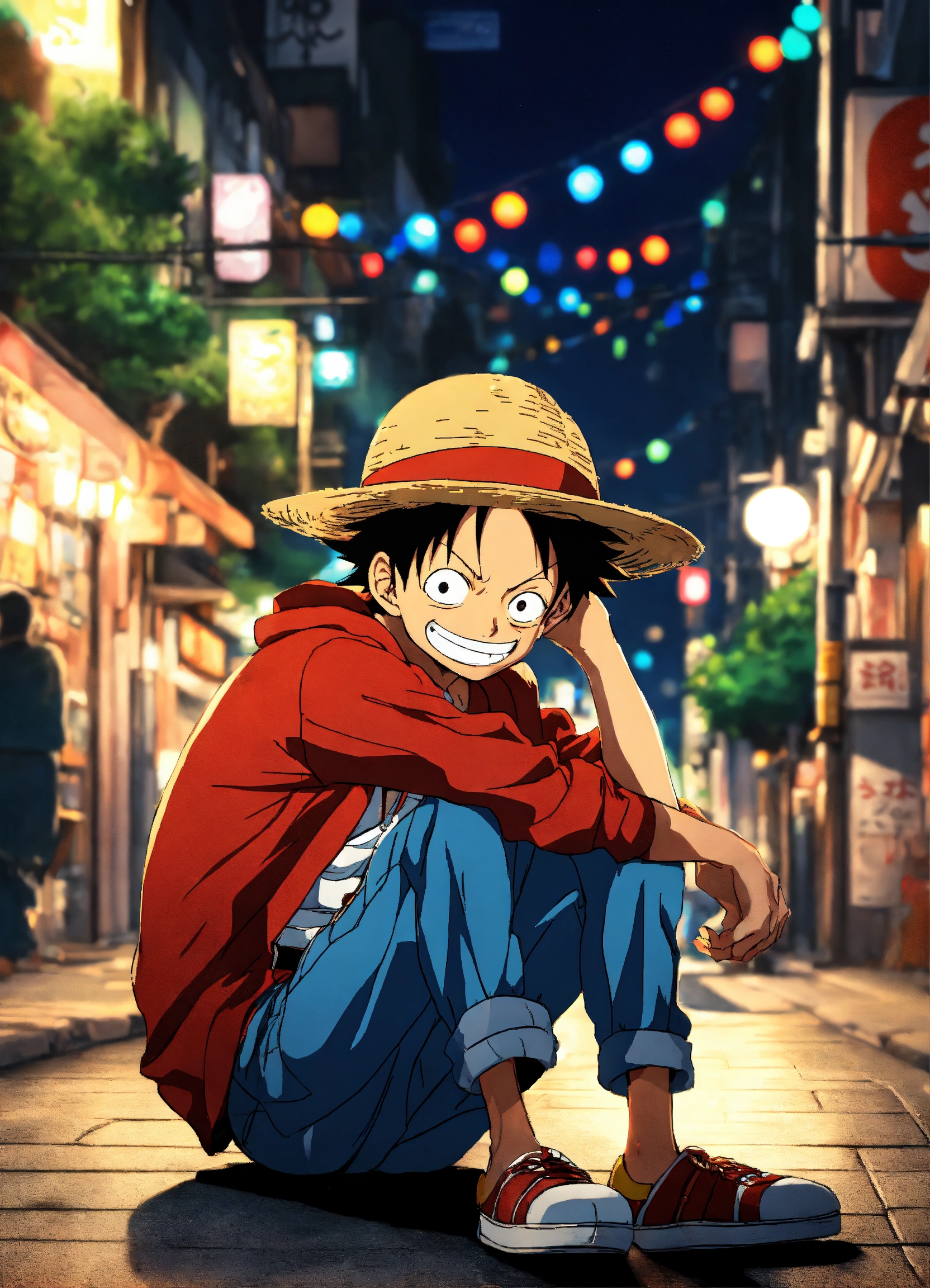 Lexica - Monkey D. Luffy sitting on the street under the lights in ...