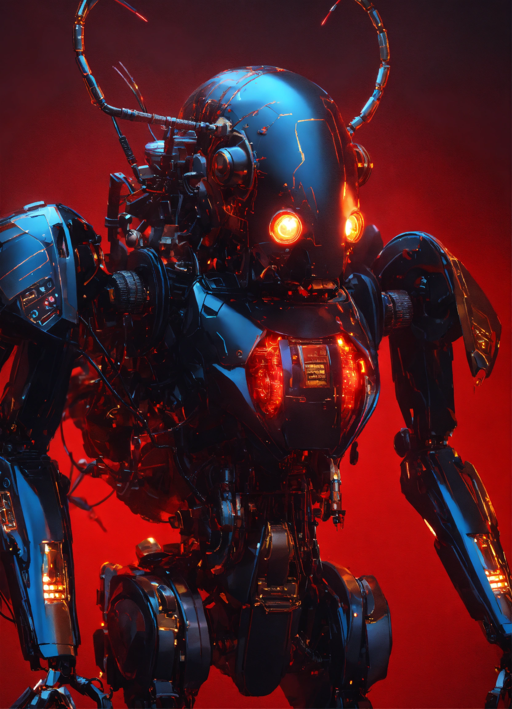 Lexica - Zoom out of black cockroach faced humanoid biobot with red ...