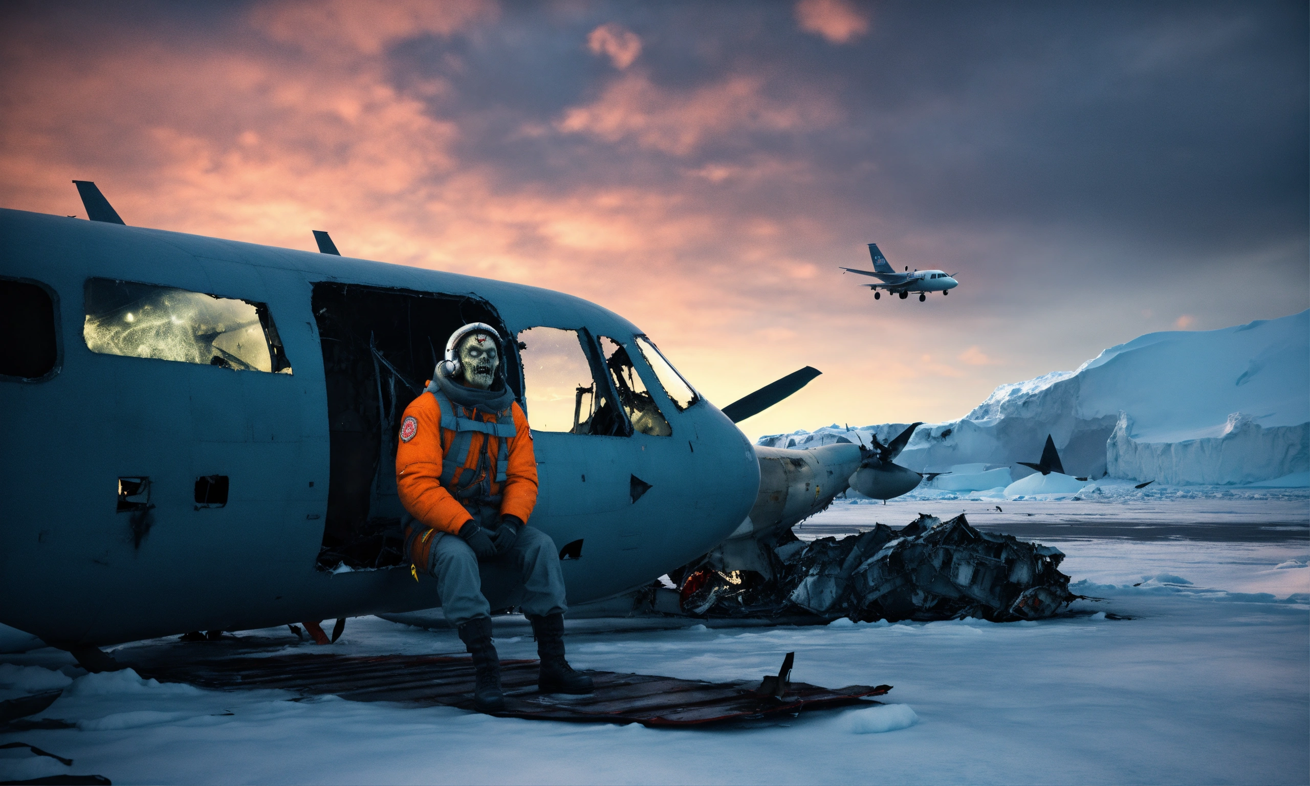 Lexica - Scary zombie-pilot sitting near crashed plane in Antarctica ...