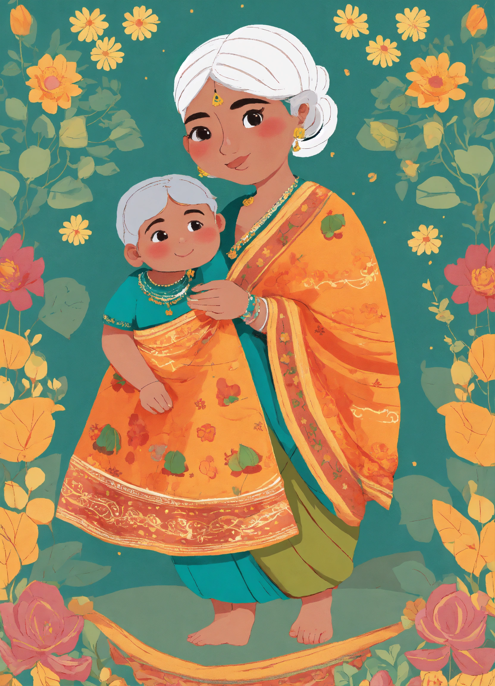 Lexica - White background, cute simple indian grandma in a sari, flat ...