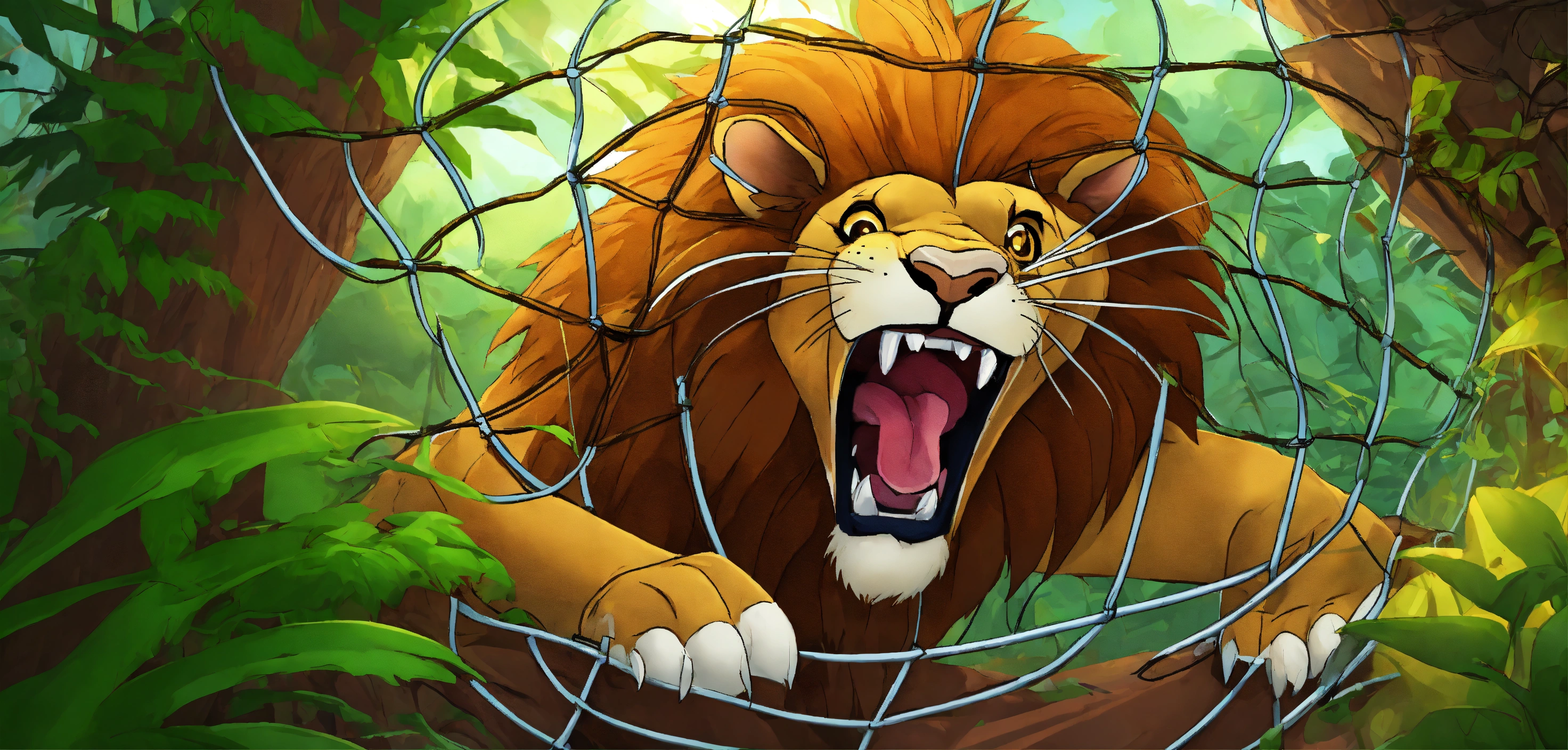 Lexica - Cartoon when big lion was trapped in net that time with mouse ...