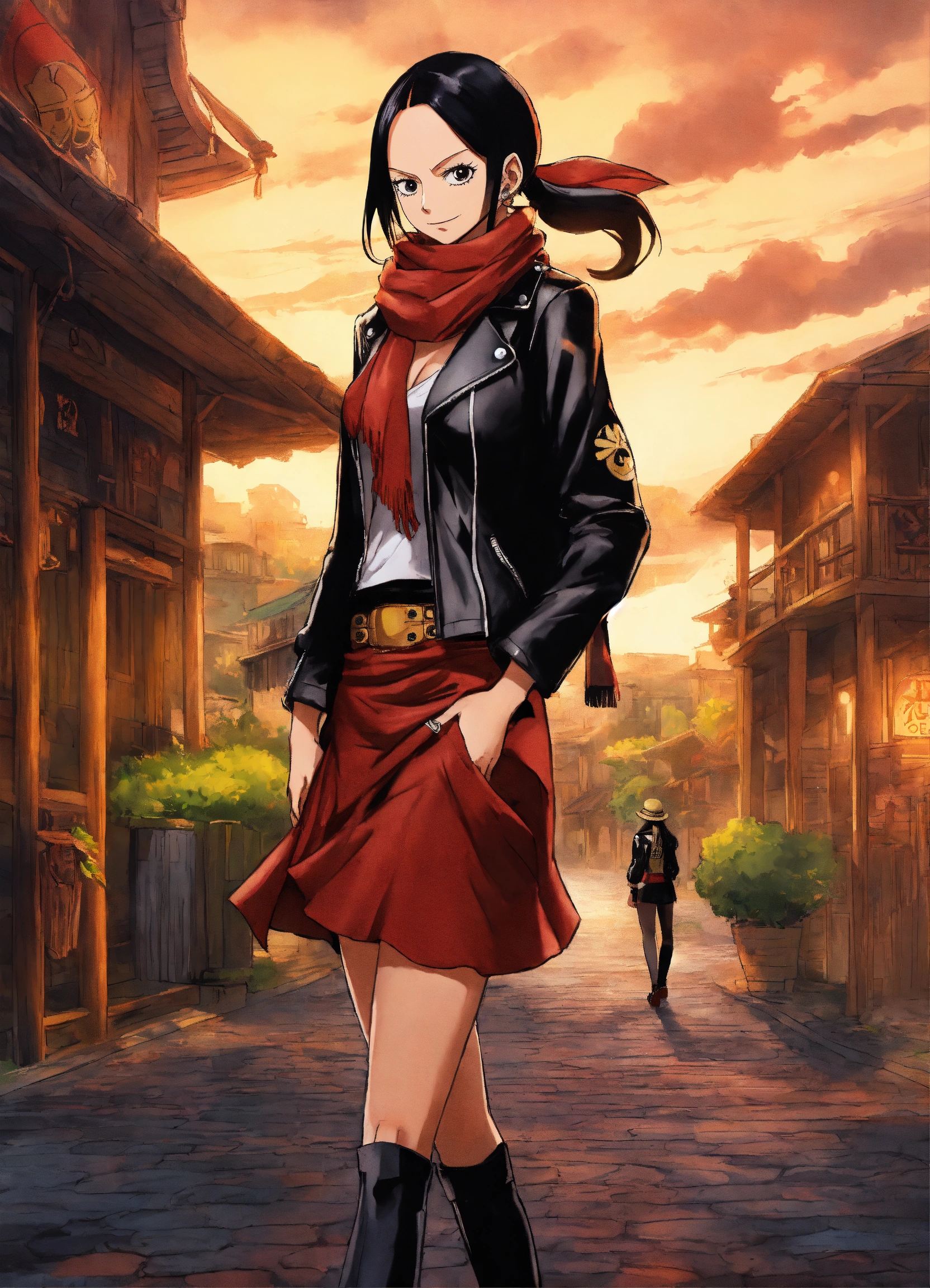 Lexica - Lady alvida from one piece wearing a black leather jacket ...