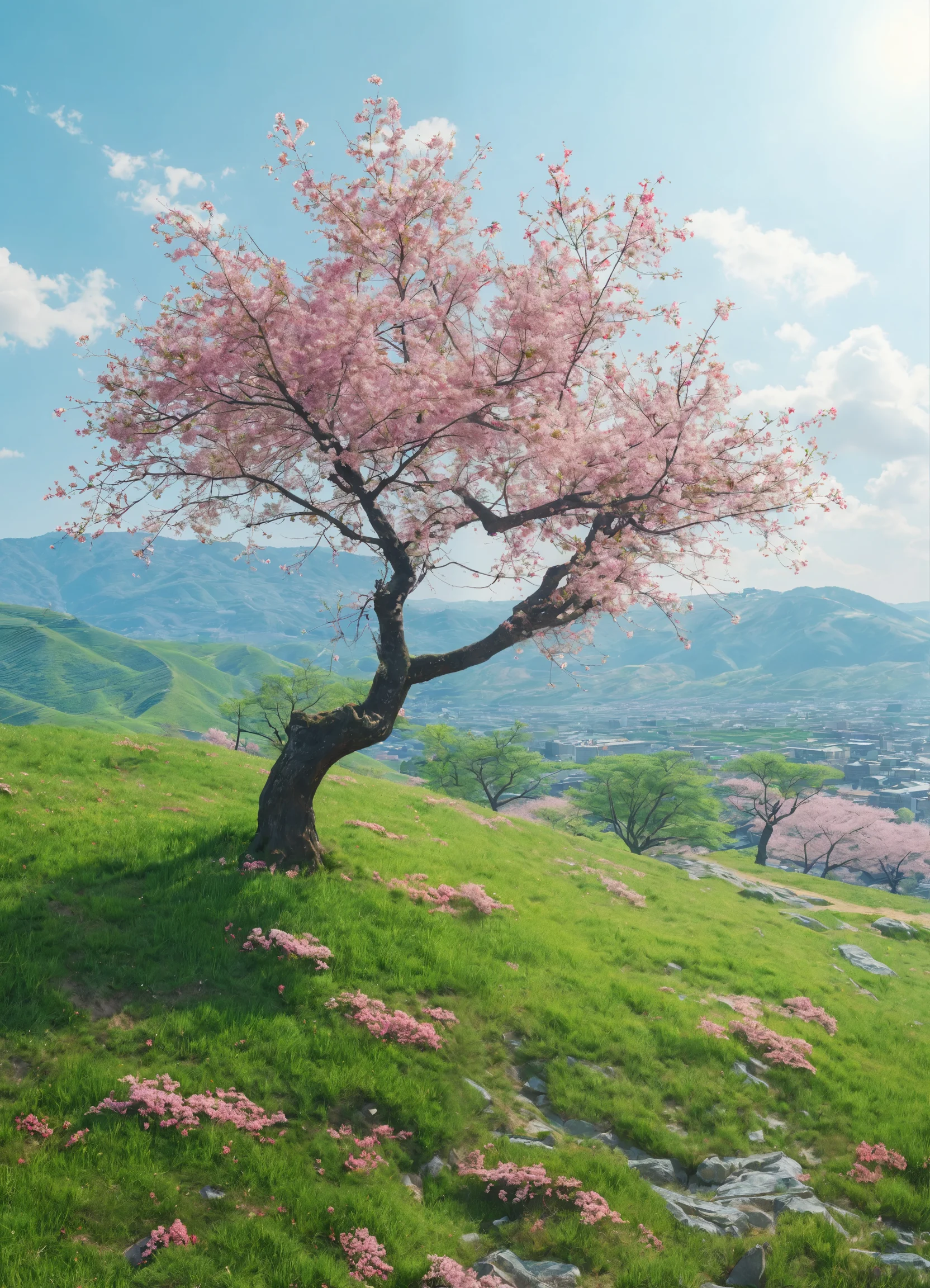 Lexica - A sakura tree whose leaves are falling. It's on a hill. There ...
