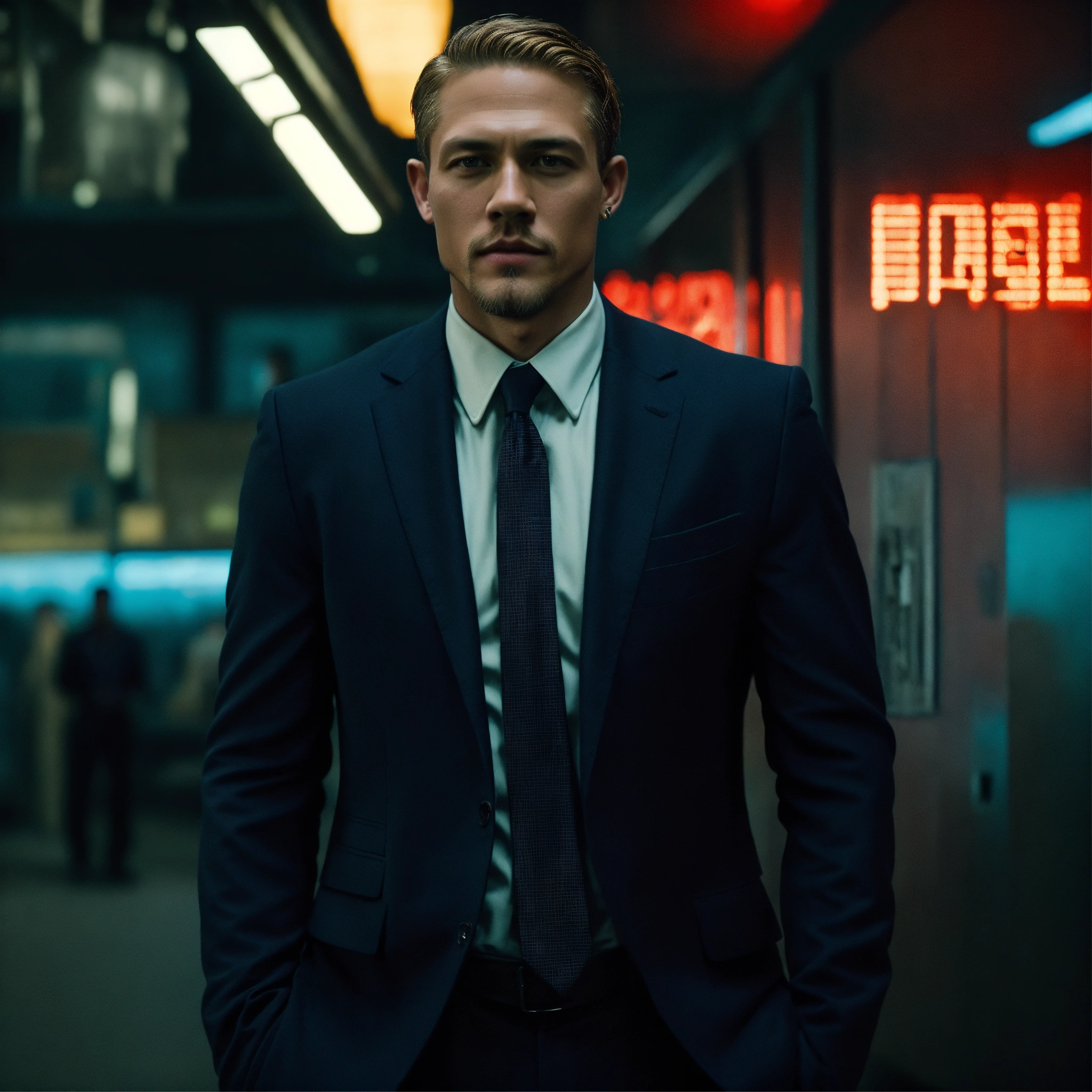 Lexica - Tall handsome man, hunnam, black suit, short blonde hair, FBI ...
