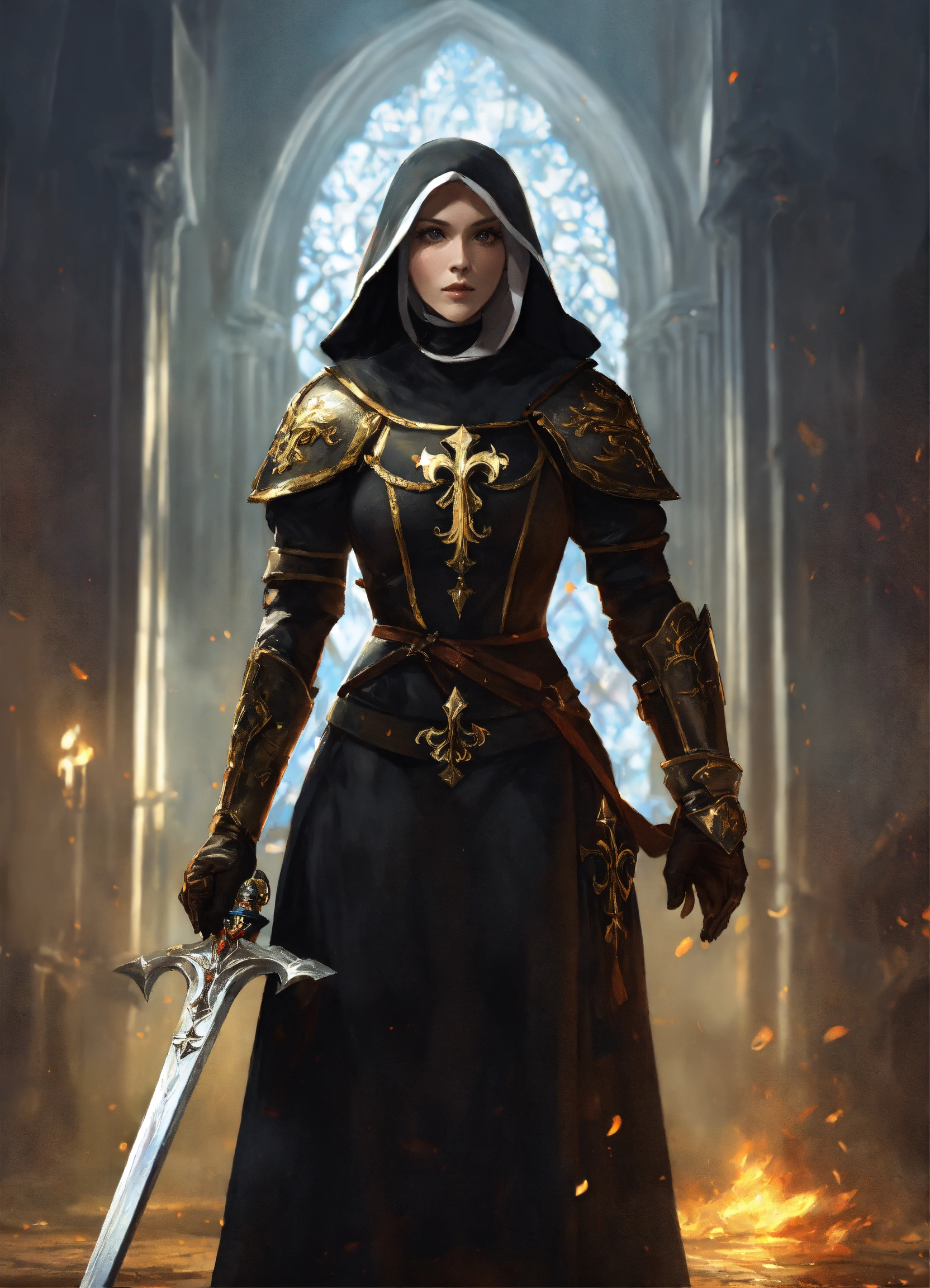 Lexica - A fighting nun in black armour with fleur de lis, concept art
