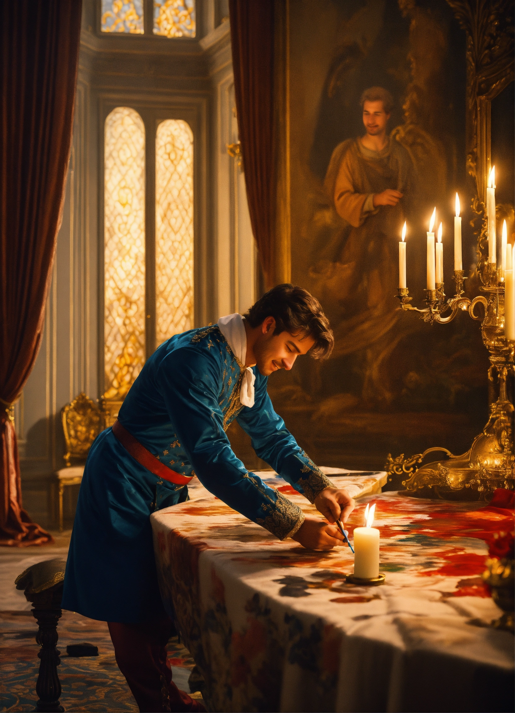 Lexica - A handsome prince is painting a large canvas, in a royal room ...