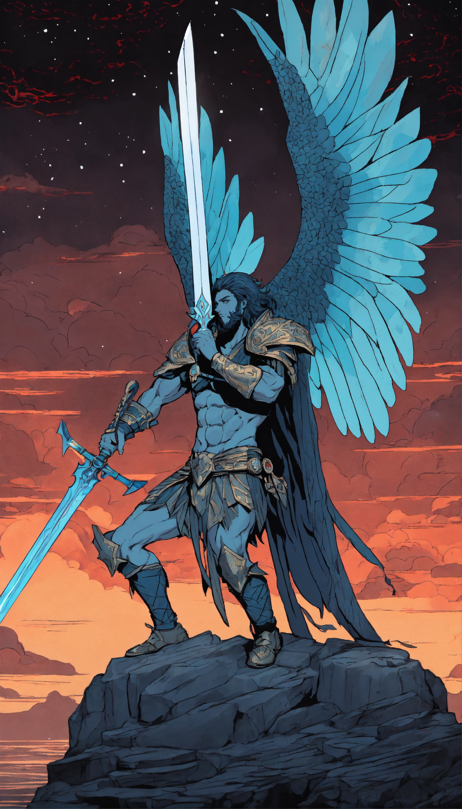 Lexica - Drawing of a mythical creature with muscles, wide wings, sword ...