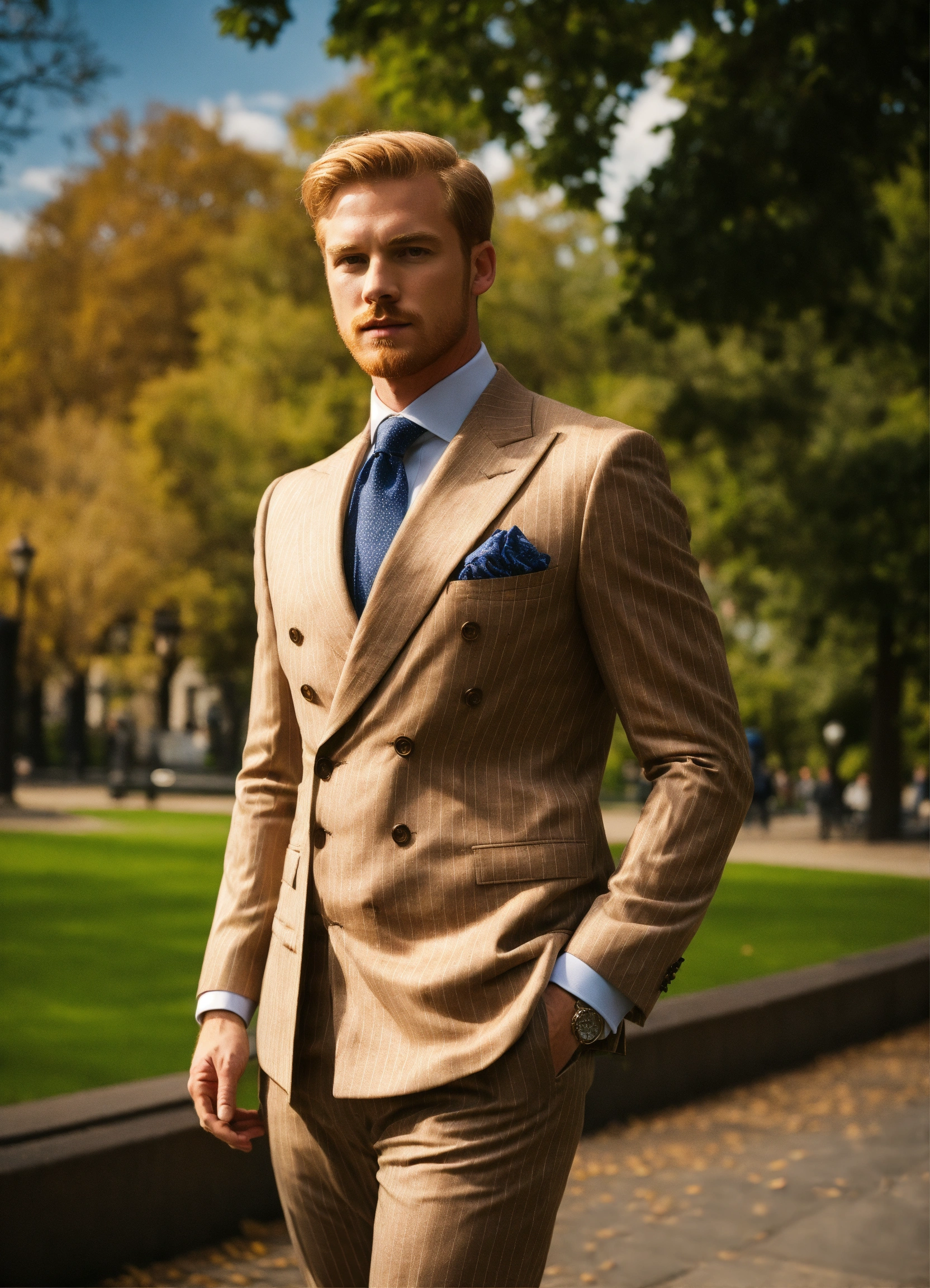 Lexica - A blonde ginger gentleman in light brown pinstripe double ...