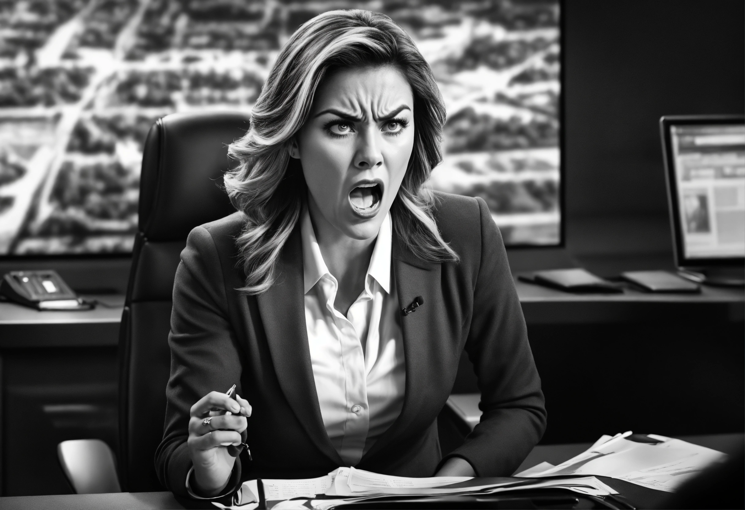 Lexica - Black and white illustration of enraged female news reporter ...
