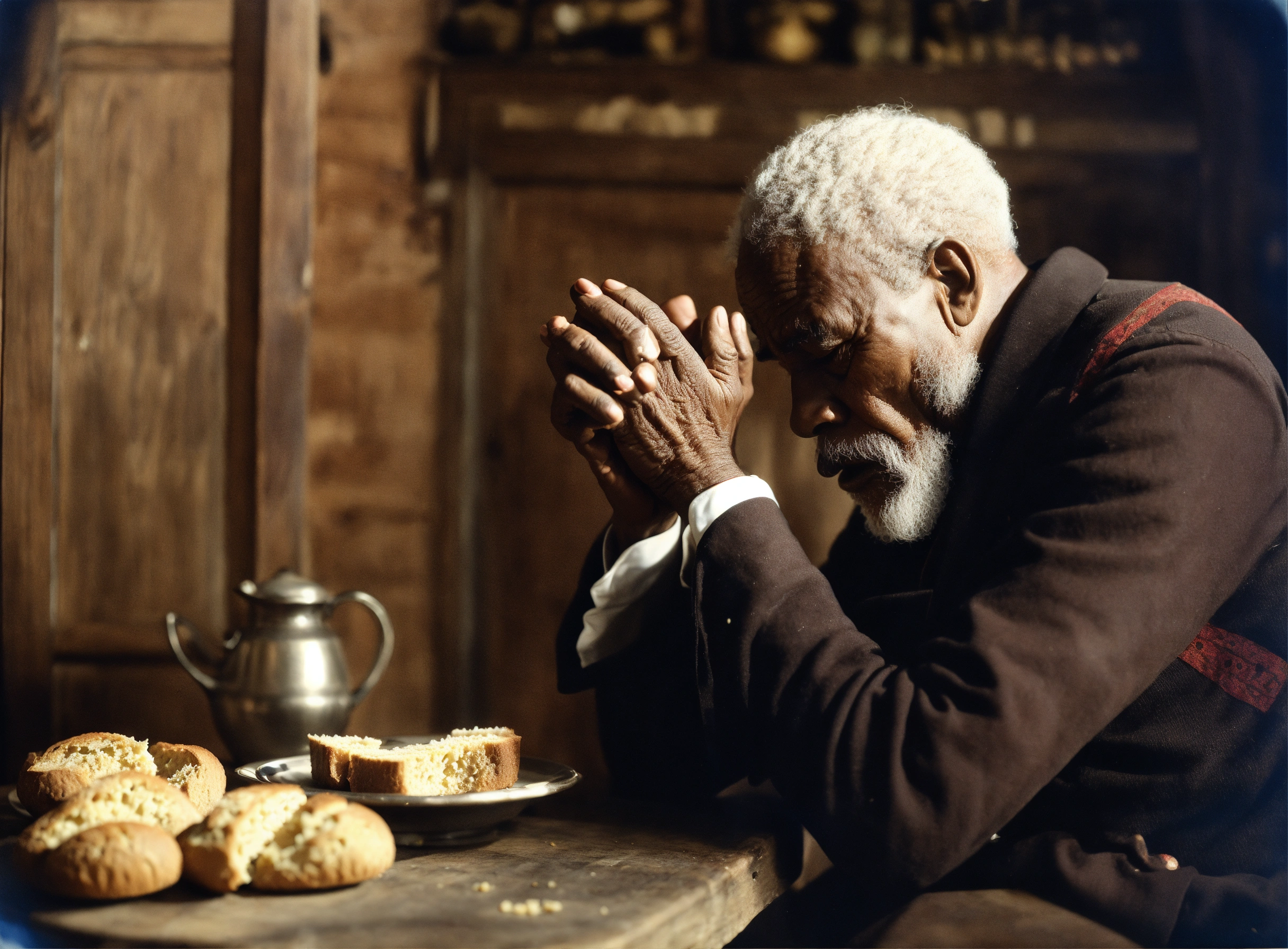 Lexica - Old African-American man praying with bread on the table. 1910s