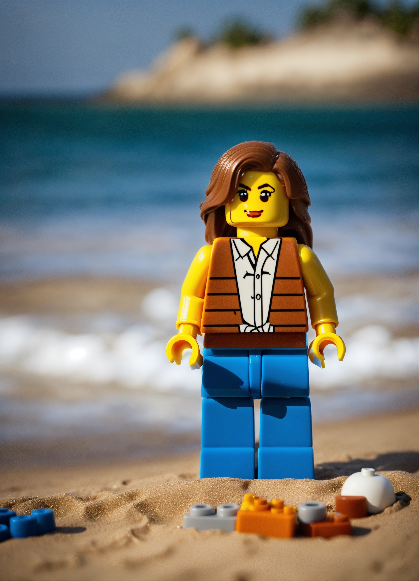 Lexica - Beautiful LEGO minifig girl, flawless skin, sitting on beach ...