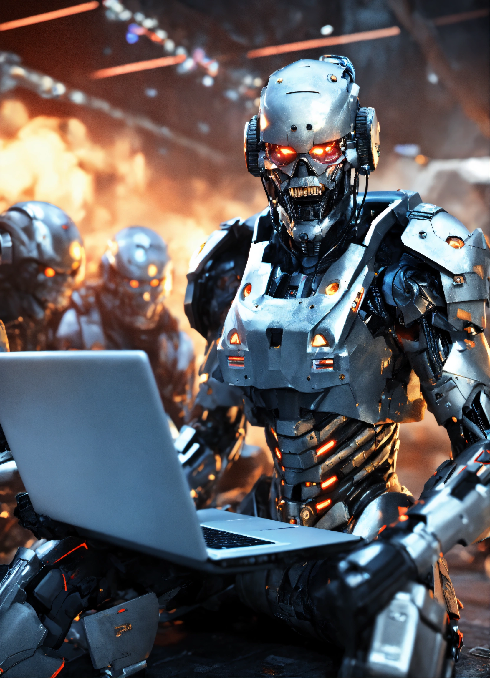 Lexica - Group of war cyborg army, 3d, hold laptop, screaming