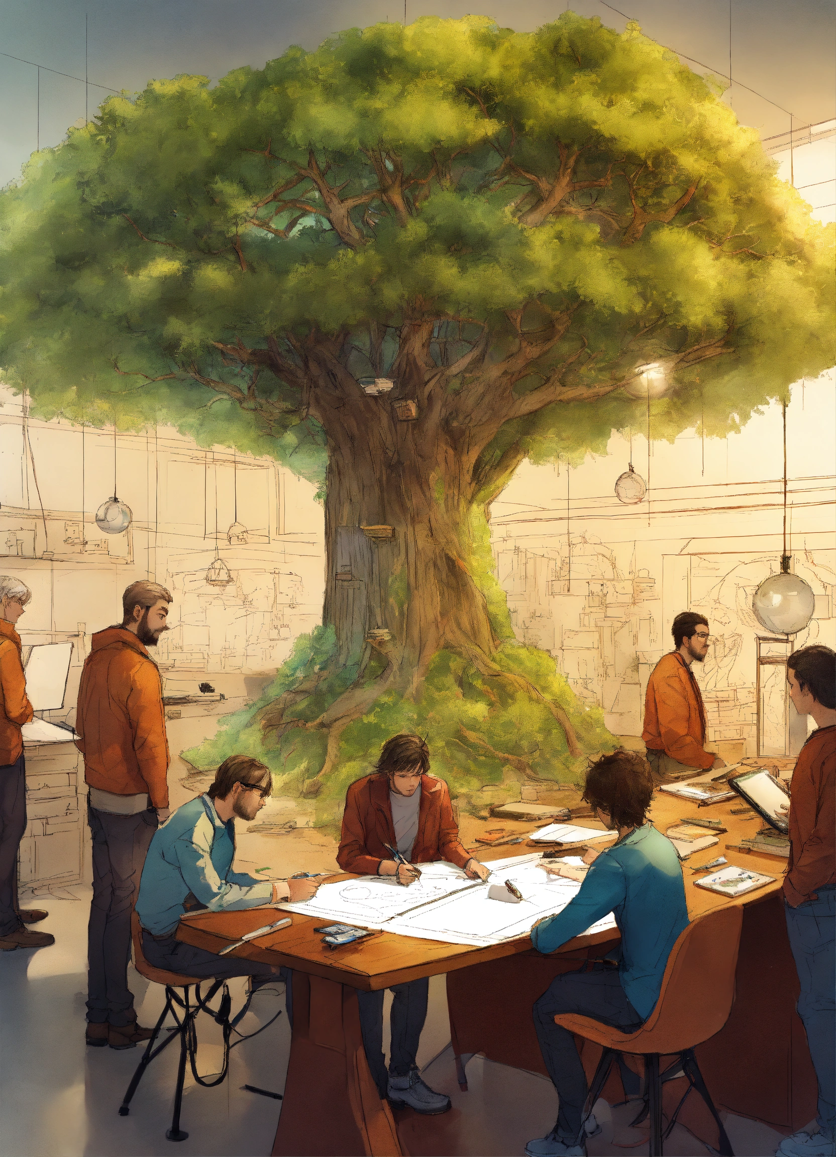 Lexica - A team of designers around a drawing table, brainstorming ...