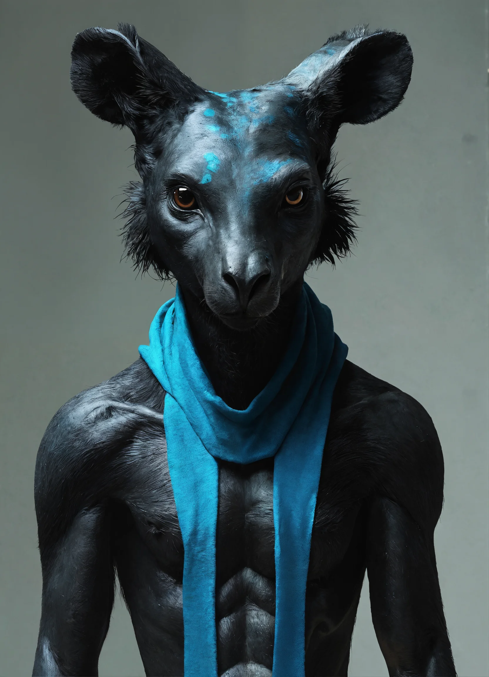 Lexica - Simple black animal with human features and blue clothes ...
