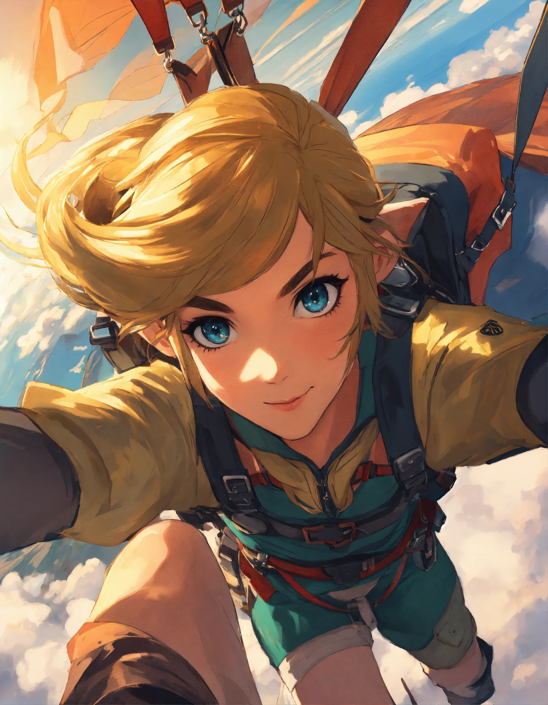 Lexica - Selfie of Link skydiving with a paraglider, in a black and ...