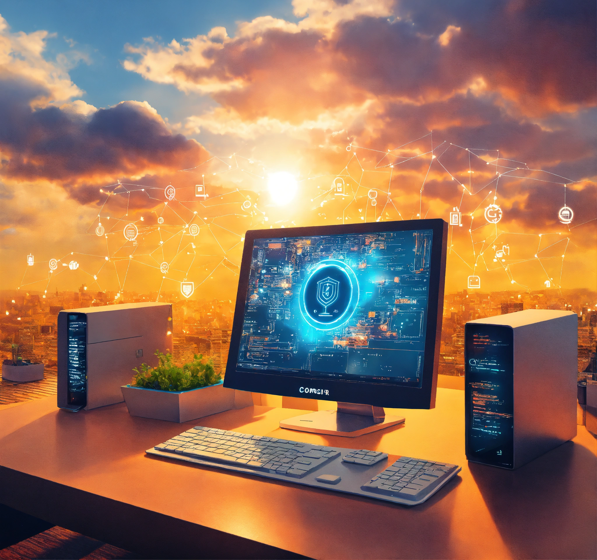 Lexica - Please generate a lively artwork of computers and cybersecurity under sunshine and clouds.