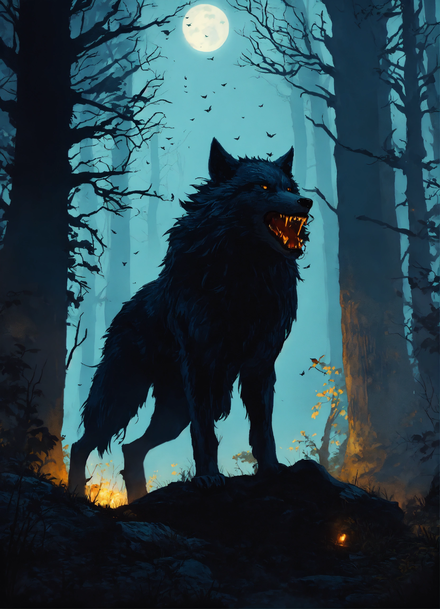 Lexica - Scary werewolf in the forest with silhouetted wolves in the ...