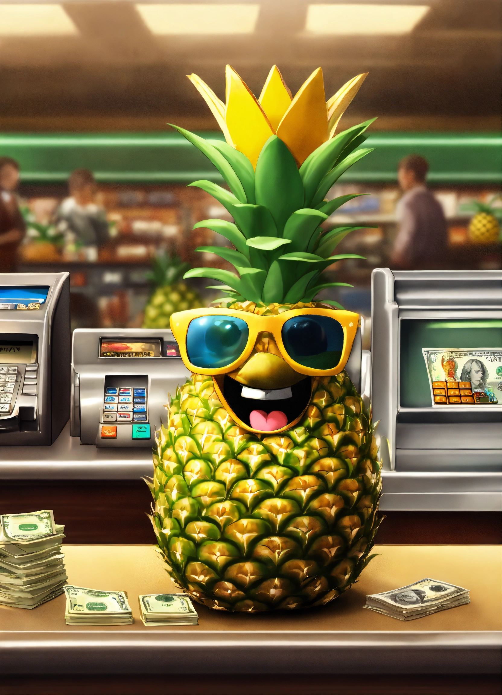 Lexica - Cartoon A pineapple wearing a crown sits at a cash register ...