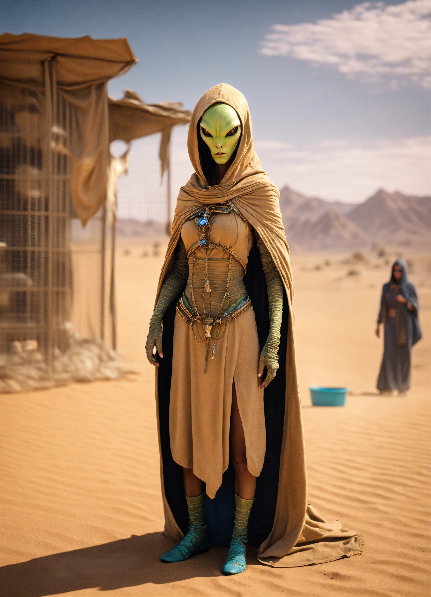 Lexica - Very slim and tall female alien creature merchant on a desert ...