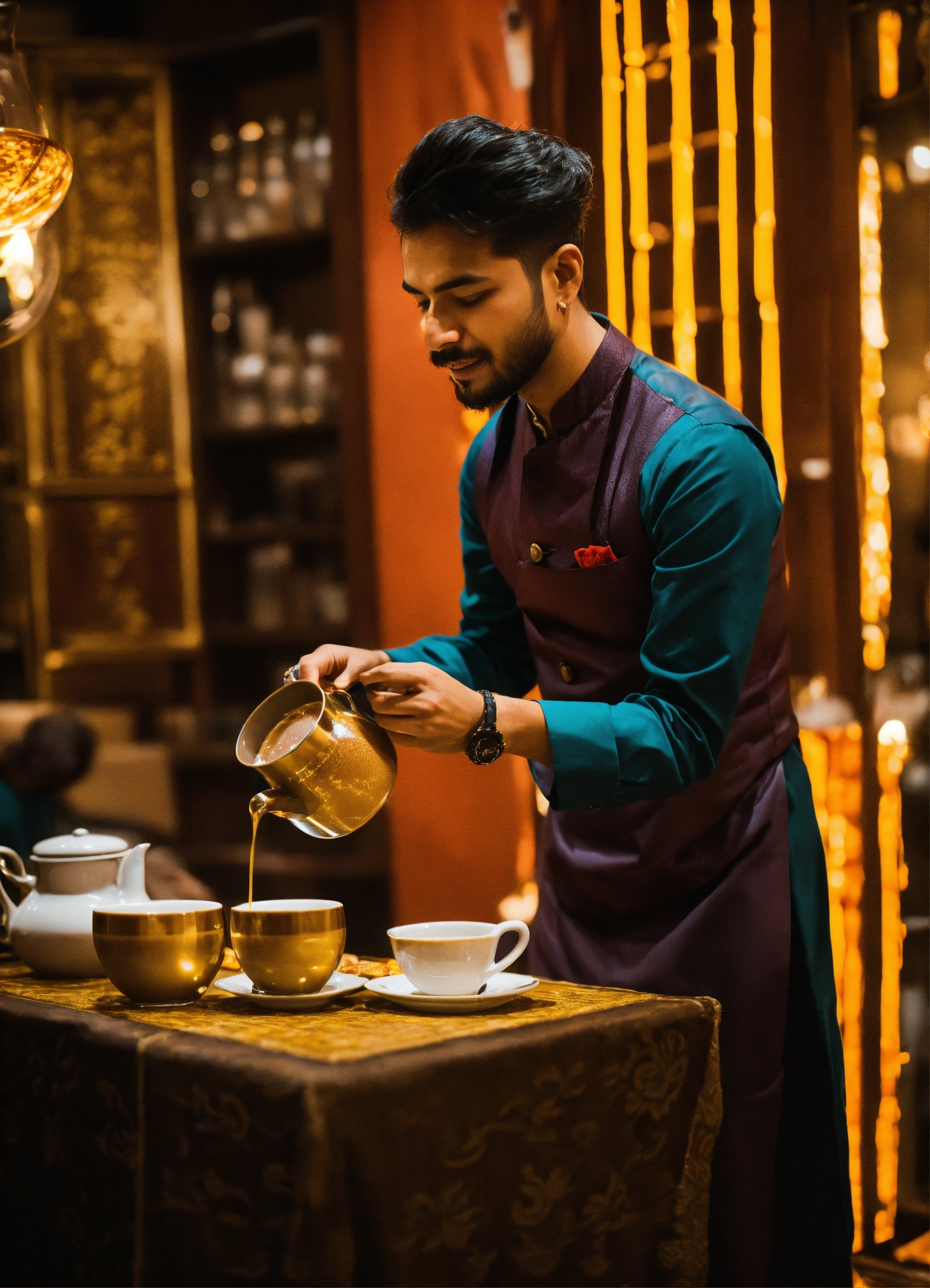 Lexica - Chai master pouring Chai tea from one cup to another cup in a ...