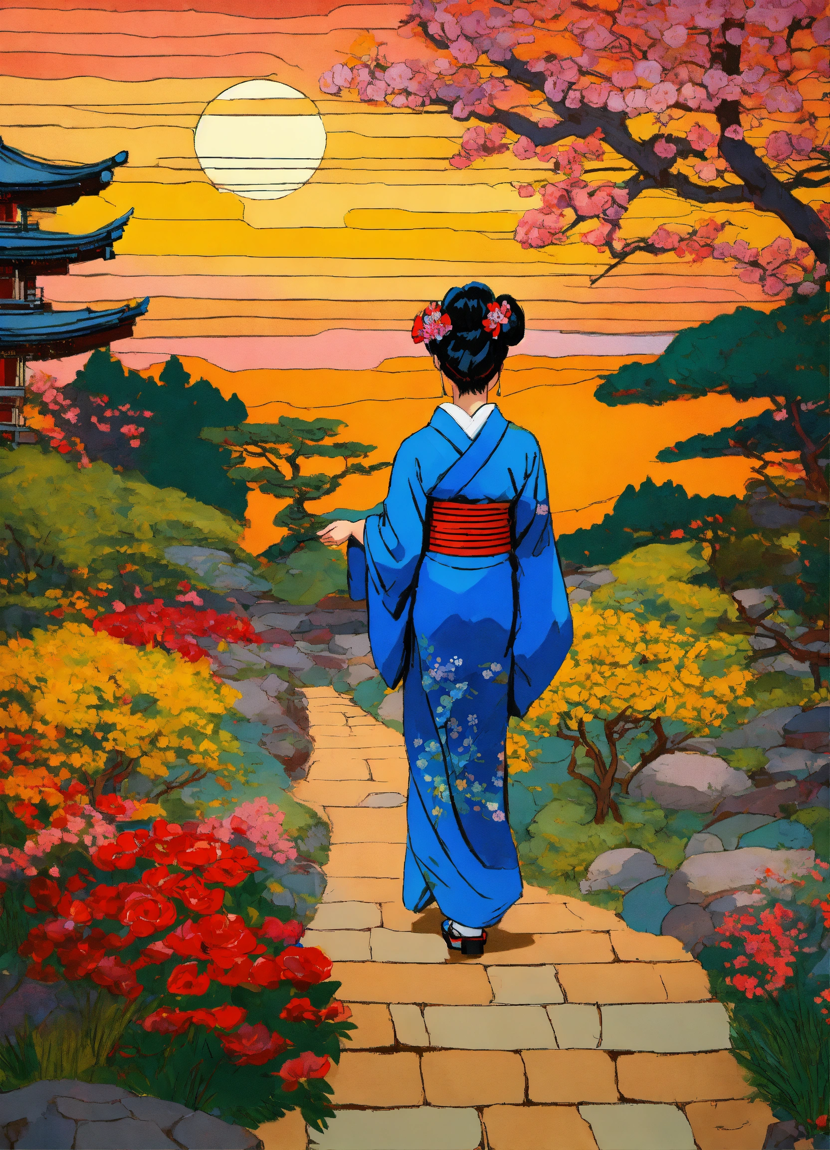 Lexica - Drawing of a geisha walking at sunset through a Japanese ...
