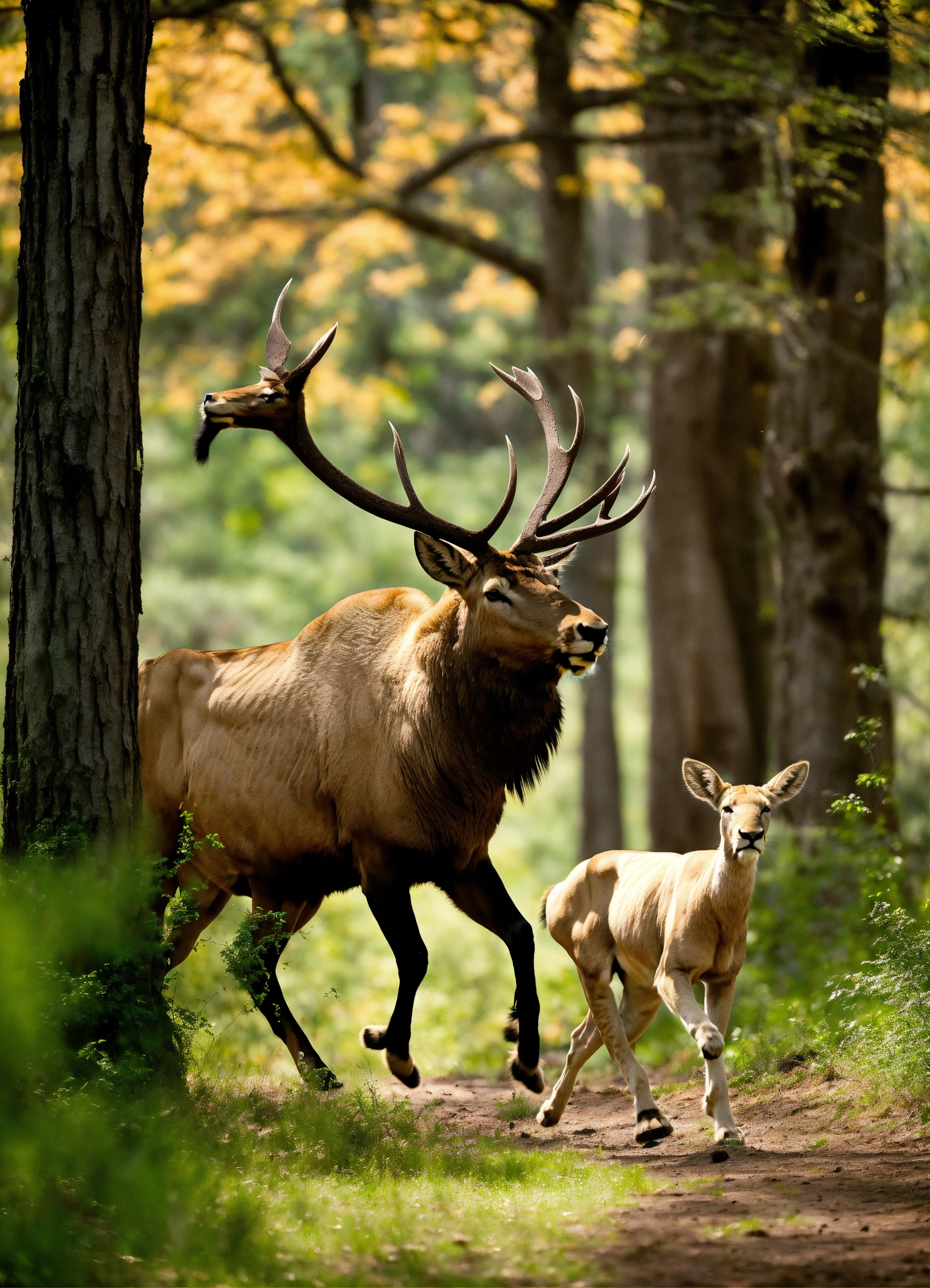 Lexica - A tall elk running from a white lioness pouncing onto the elk ...
