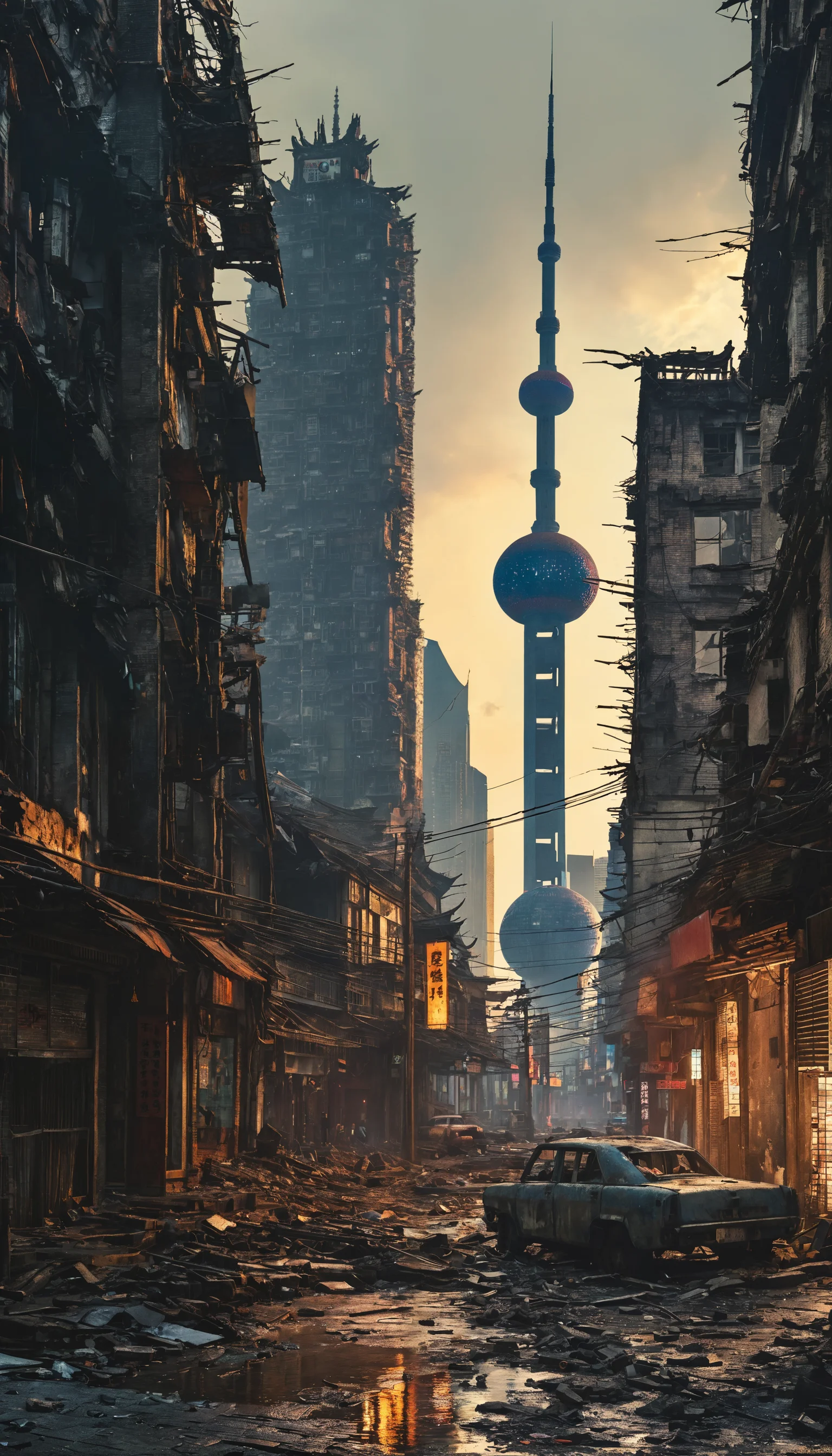 Lexica - Shanghai in ruins, destroyed city, dystopian retro futuristic ...