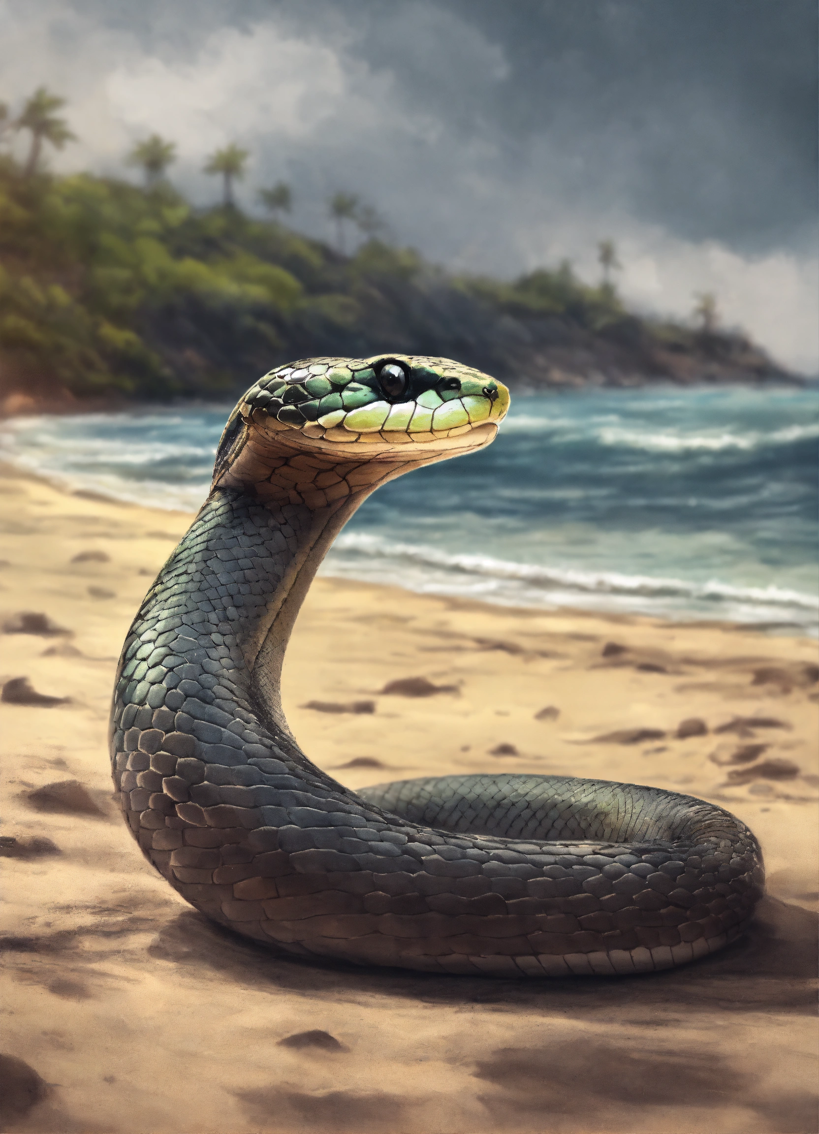 Lexica - Sly snake doing yoga at the beach, Charcoal sketch, 8k, mysterious