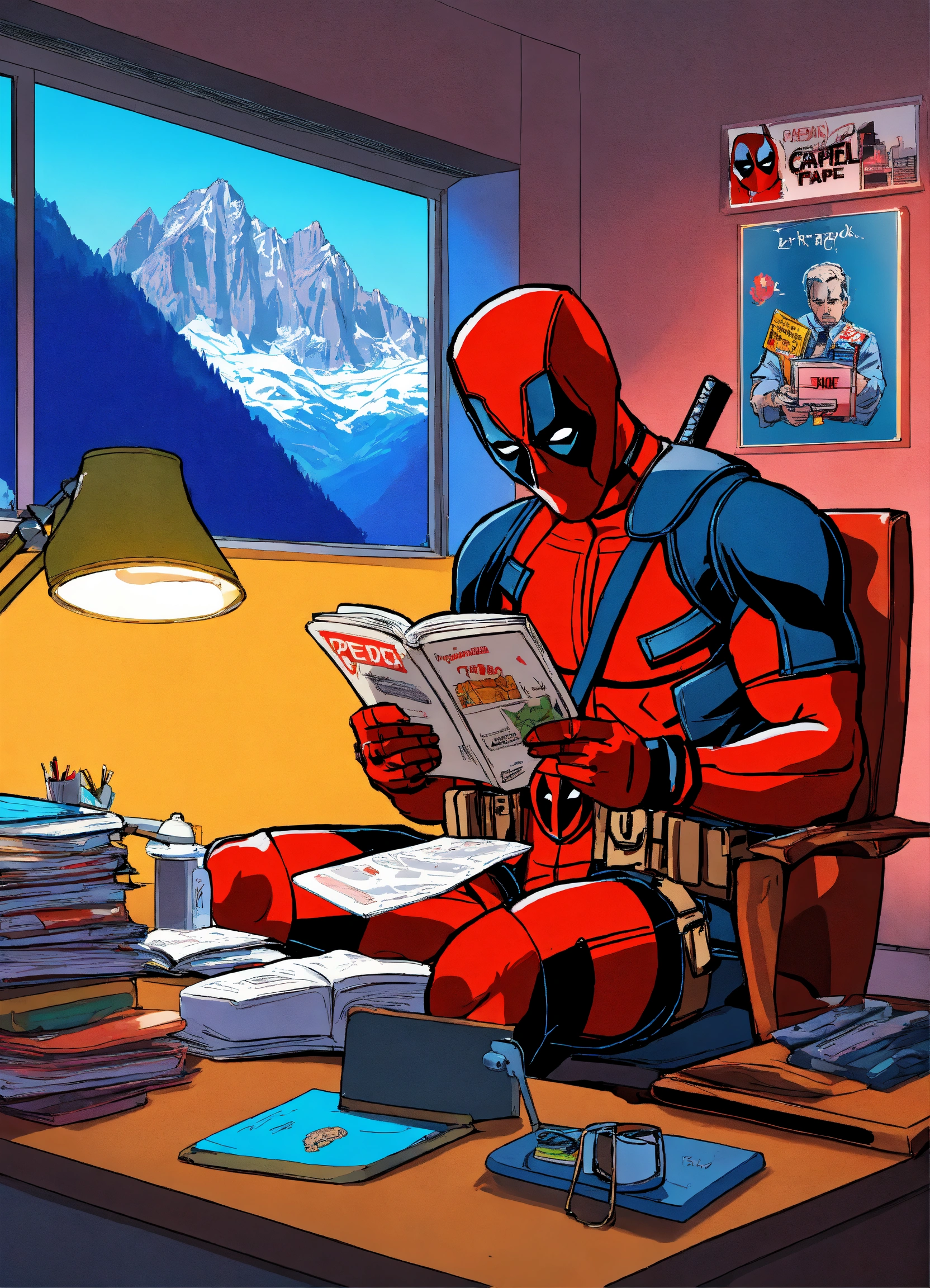 Lexica - The picture is entitled "CAPITAL". Deadpool is reading a red ...