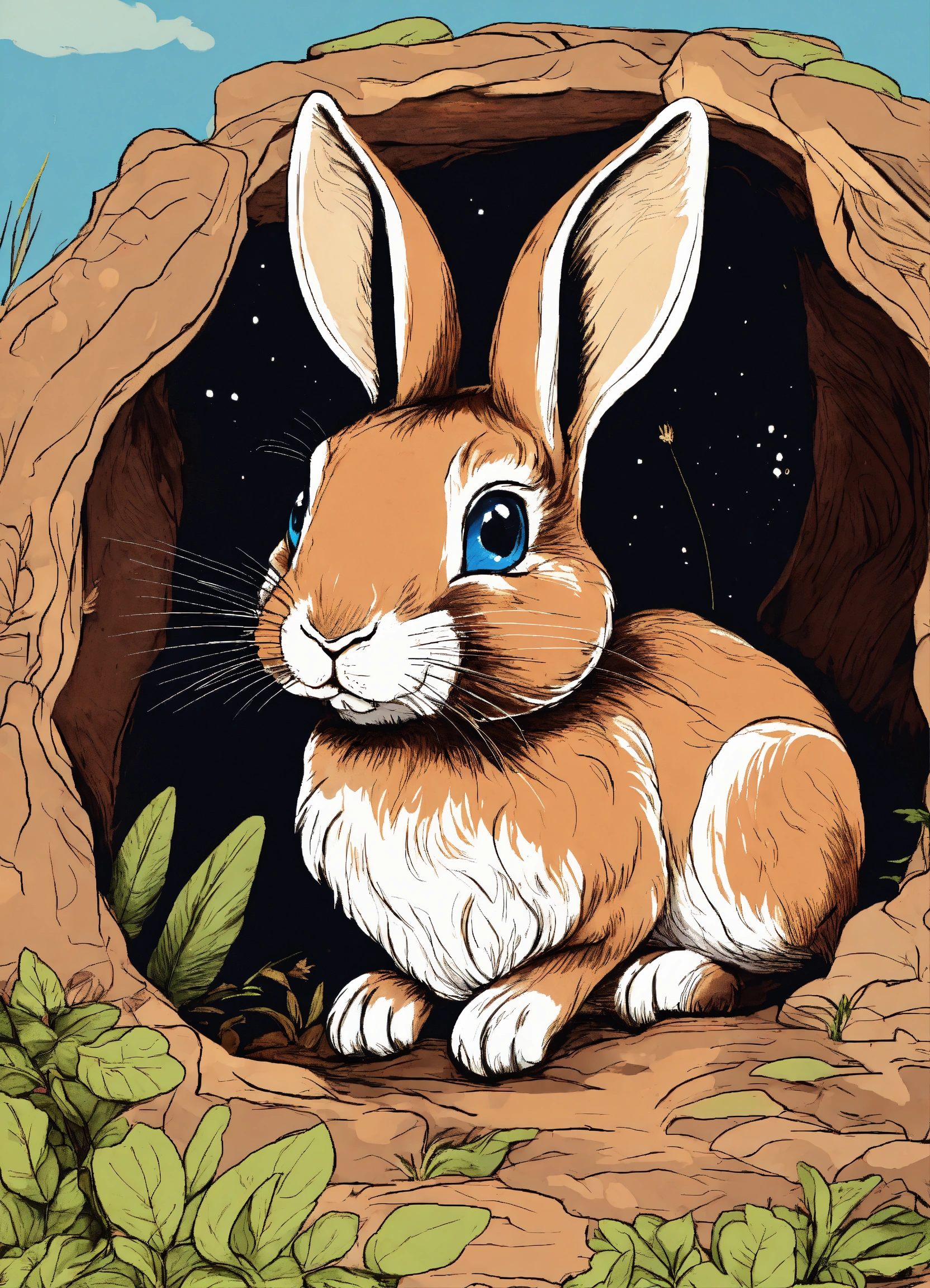 Lexica - A brown rabbit blue eyes dreaming in its burrow. Drawing style ...