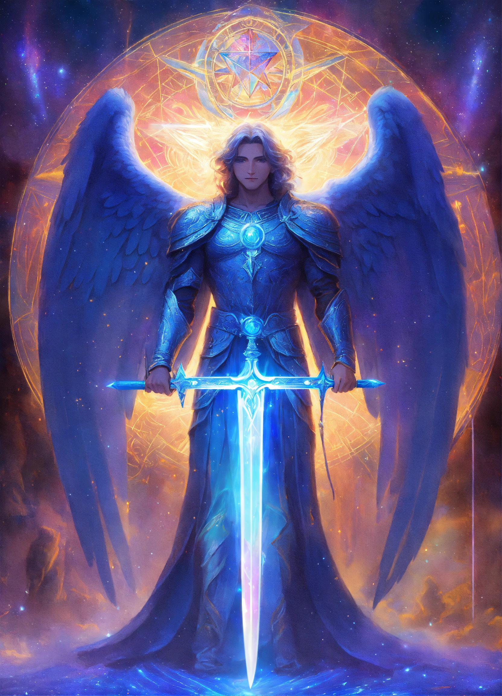 Lexica - Archangel Michael with angukar visage, blue bumps of light ...