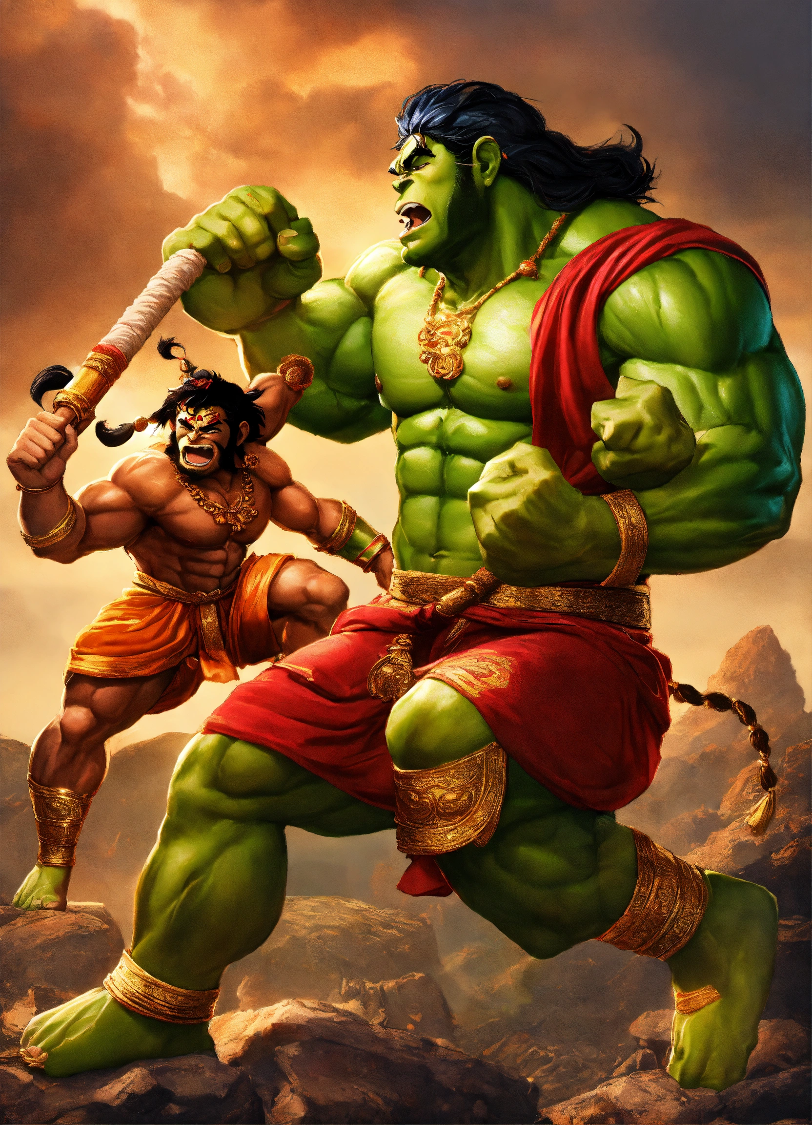 Lexica - Show Lord Hanuman fighting with Hulk and where Hulk is in pain