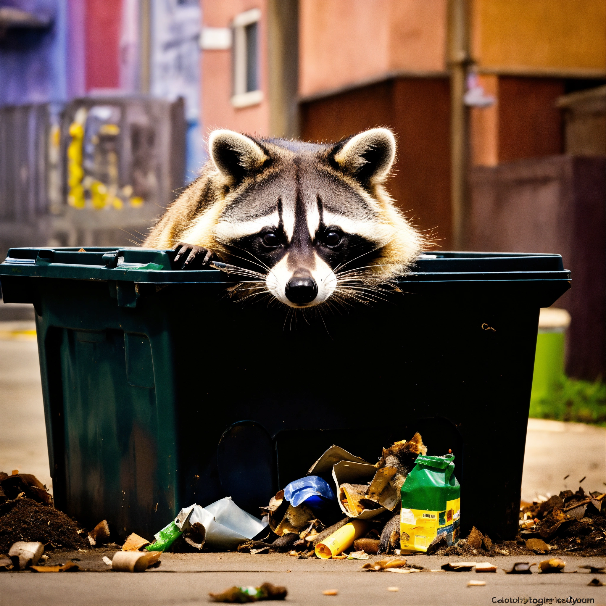 Lexica - A photograph of a raccoon digging through a recycling bin ...