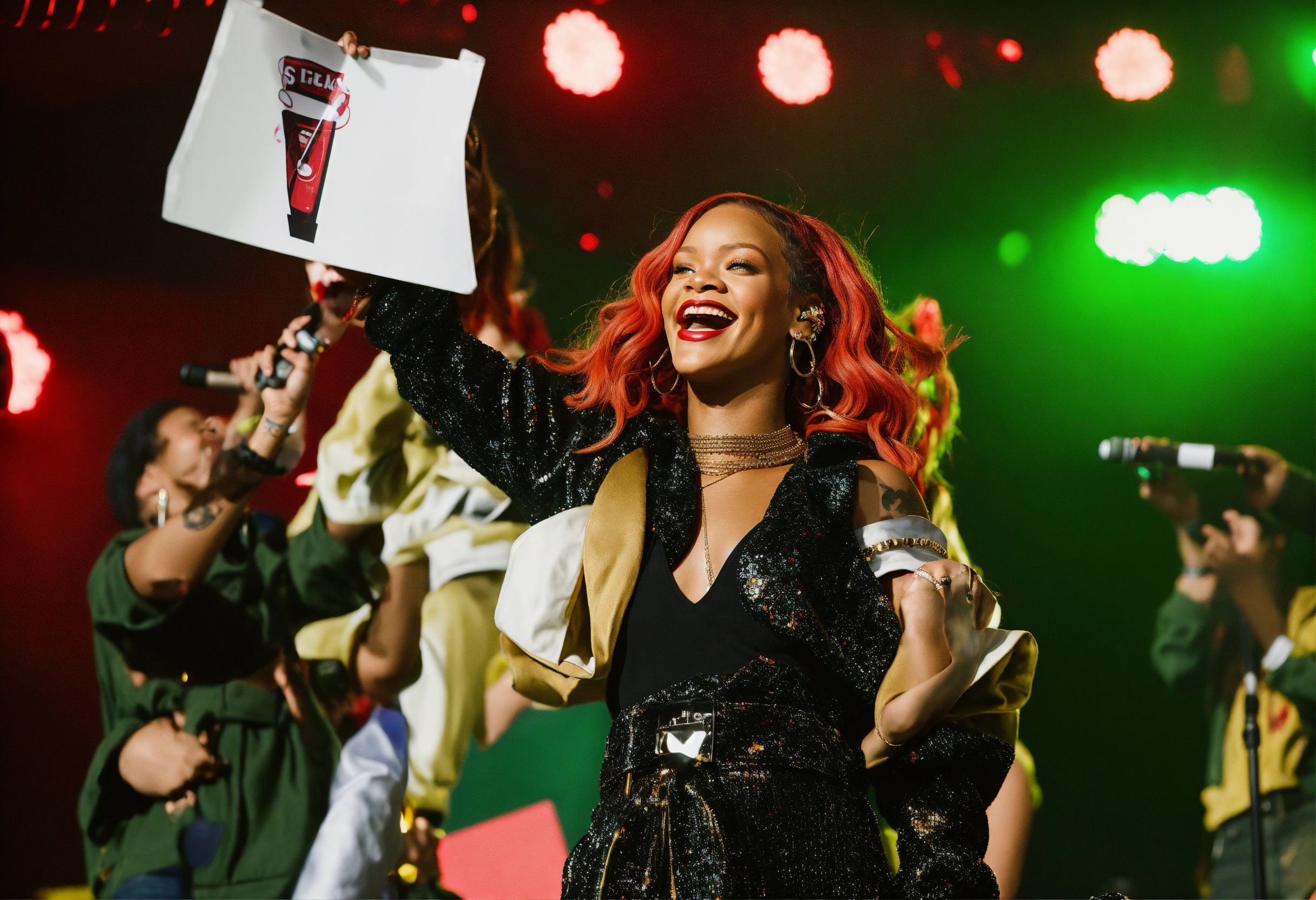 Lexica - Rihanna laughing at fans that are holding up signs that say ...