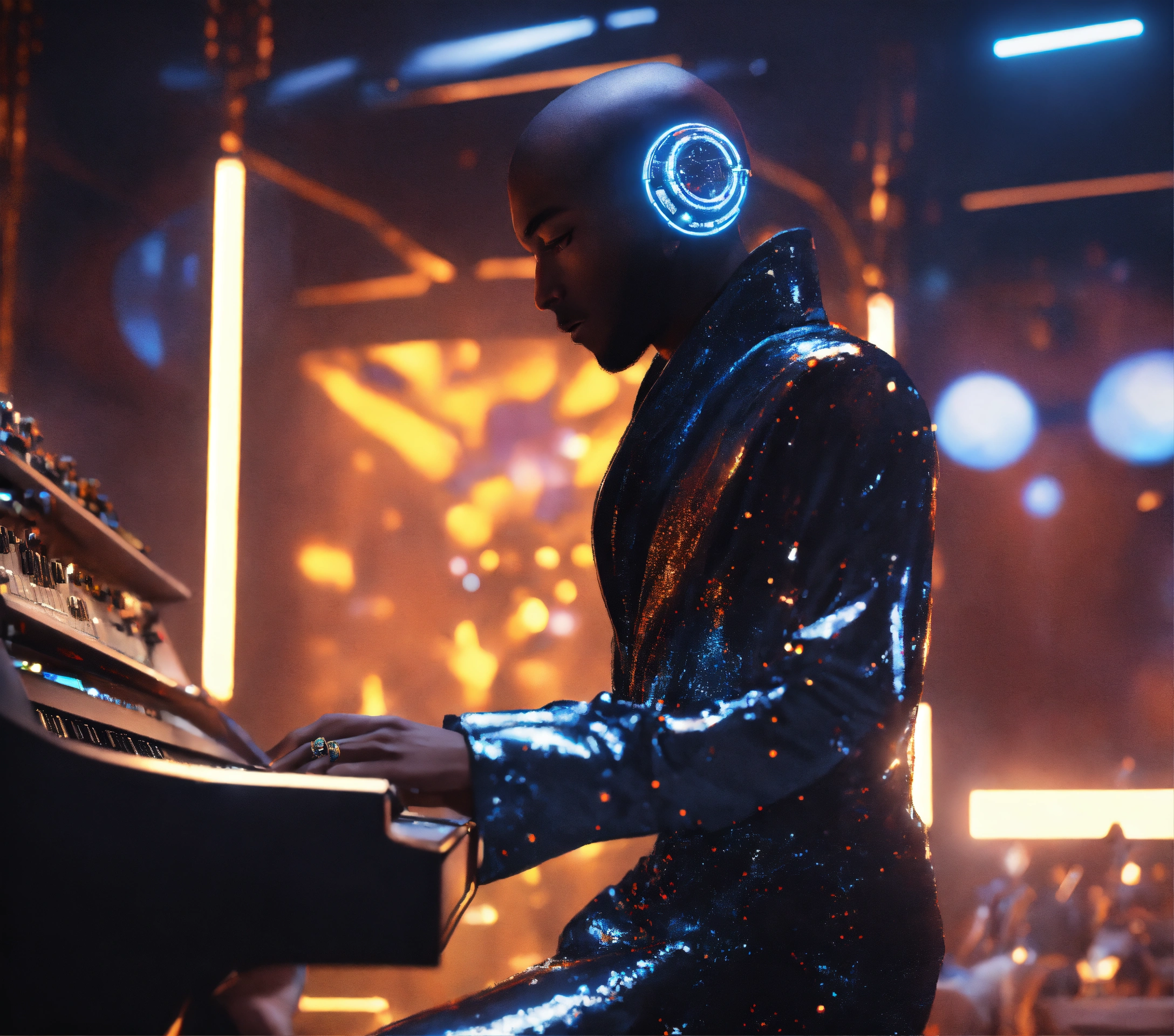 Lexica - Zoom out from a black male humanoid wearing a fancy space robe ...