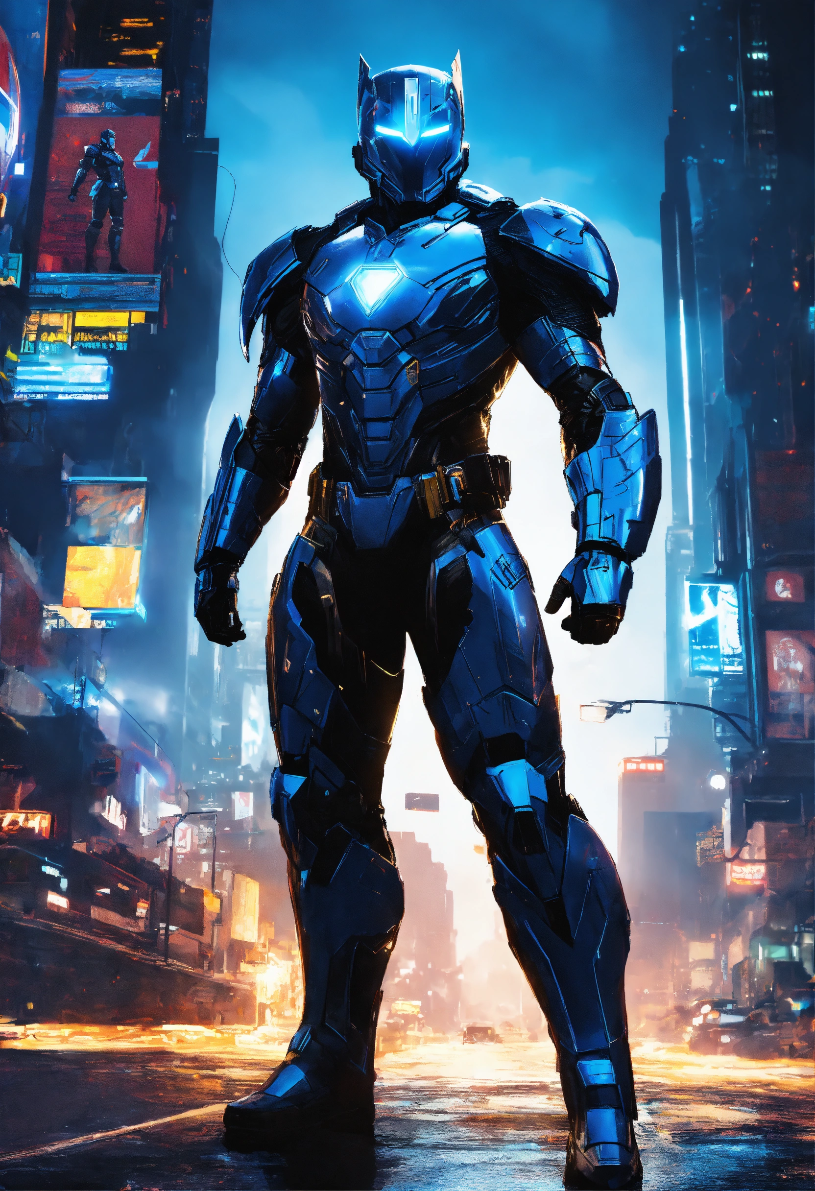 Lexica - Futuristic superhero, wearing a sleek suit of armor, neon blue ...