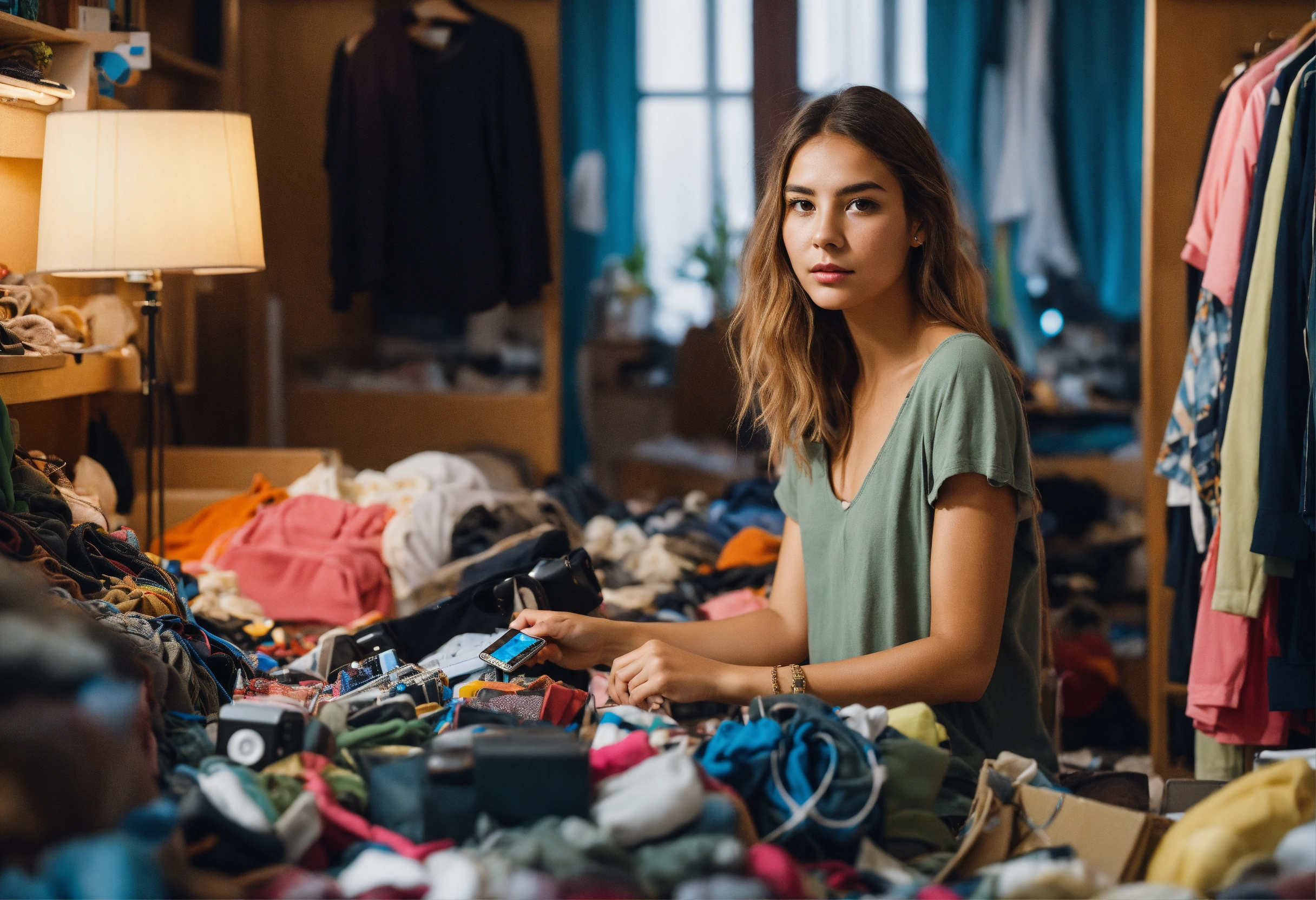 Lexica - Close up young trendy woman shopping in a messy room, open ...