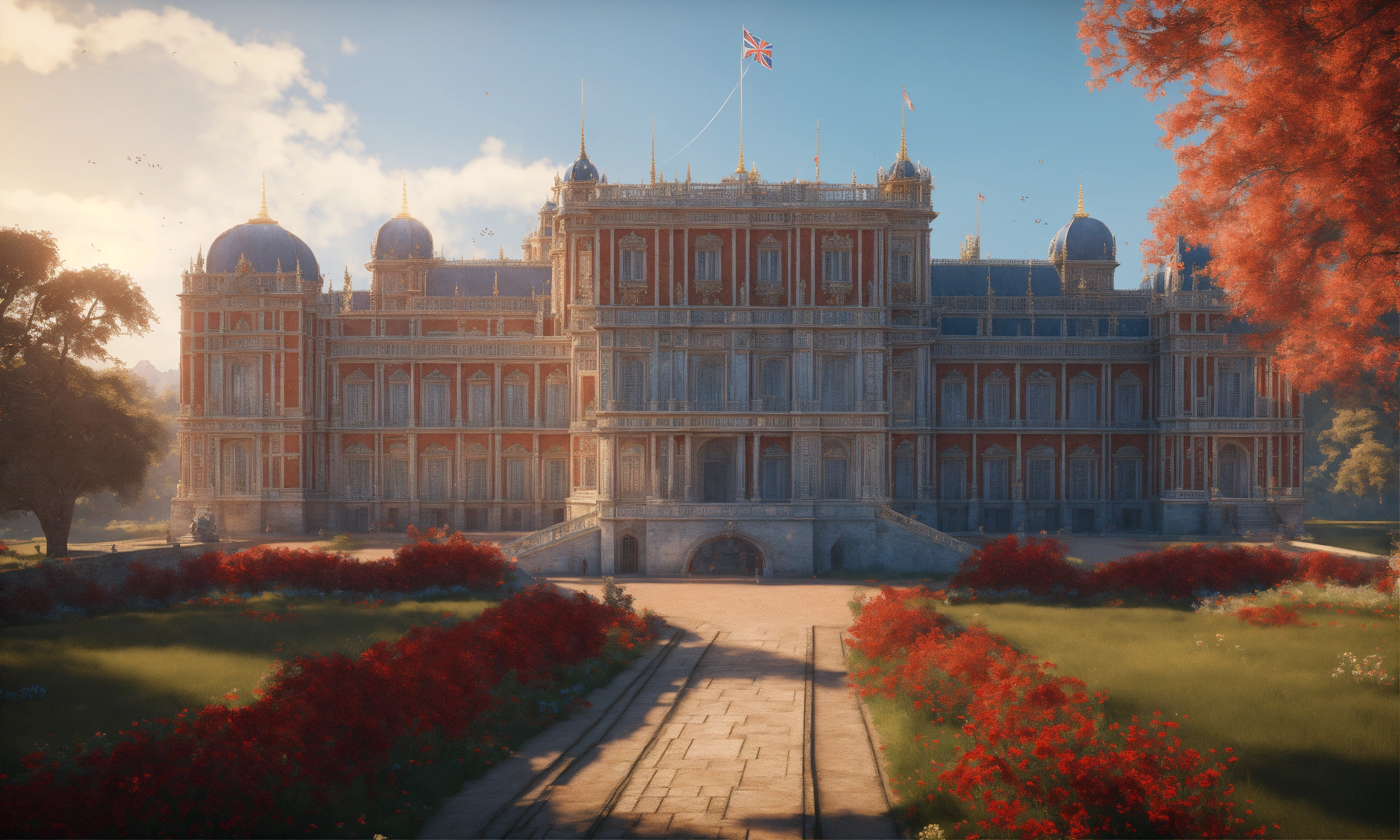 Lexica - Full image of a massive royal palace with light blue and red ...