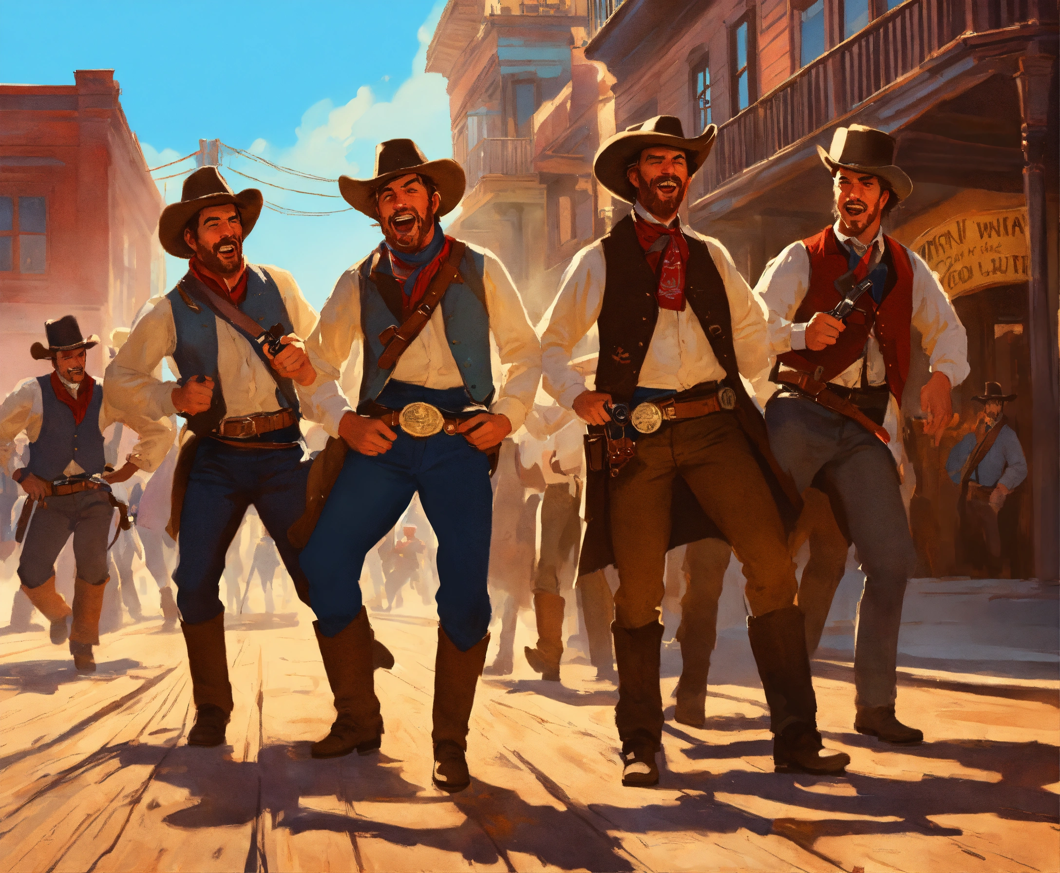 Lexica - A comical gang of goofy looking drunk cowboys happily fire ...