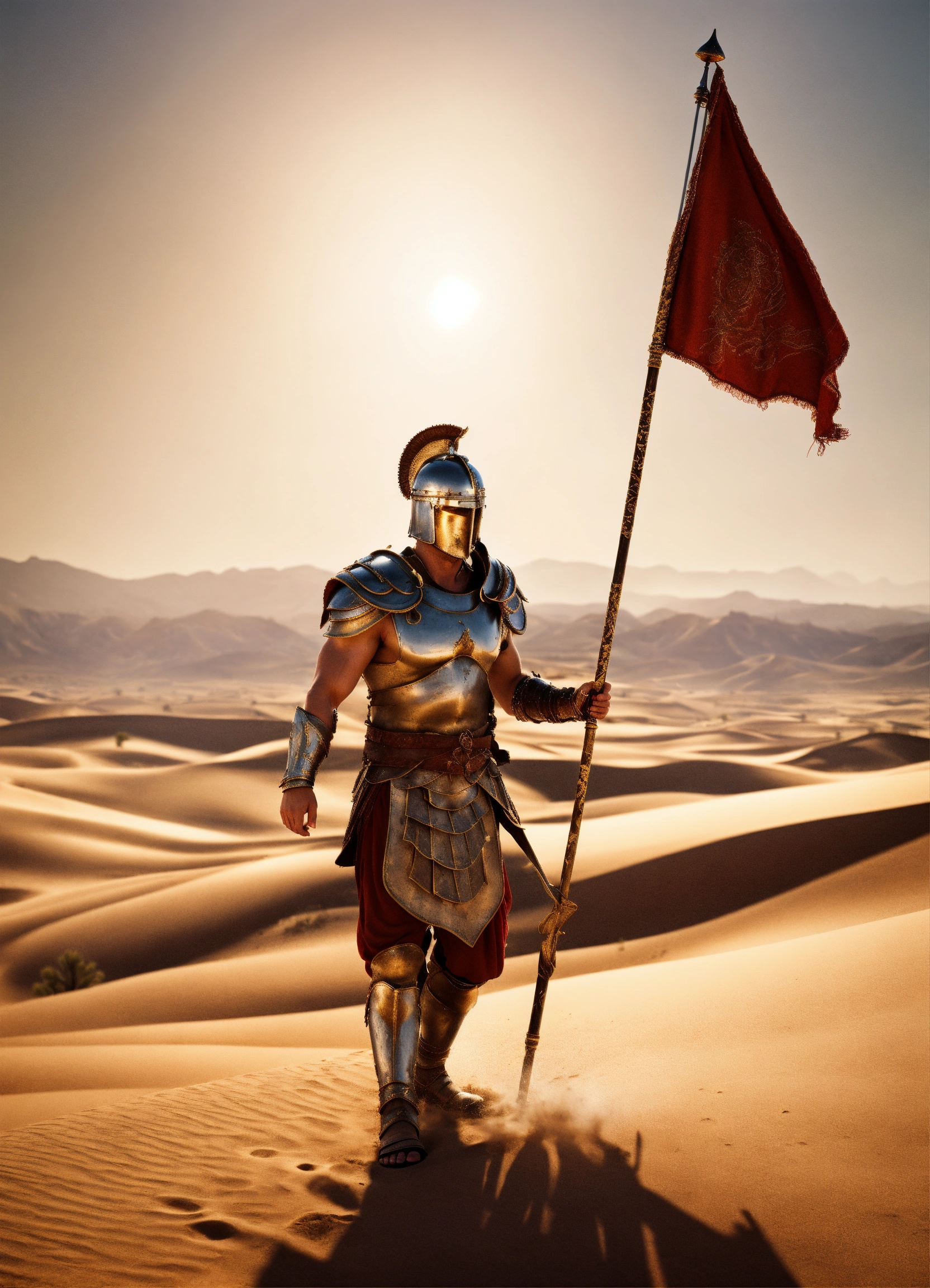 Lexica - A realistic desert with a gladiator full body staff in his ...